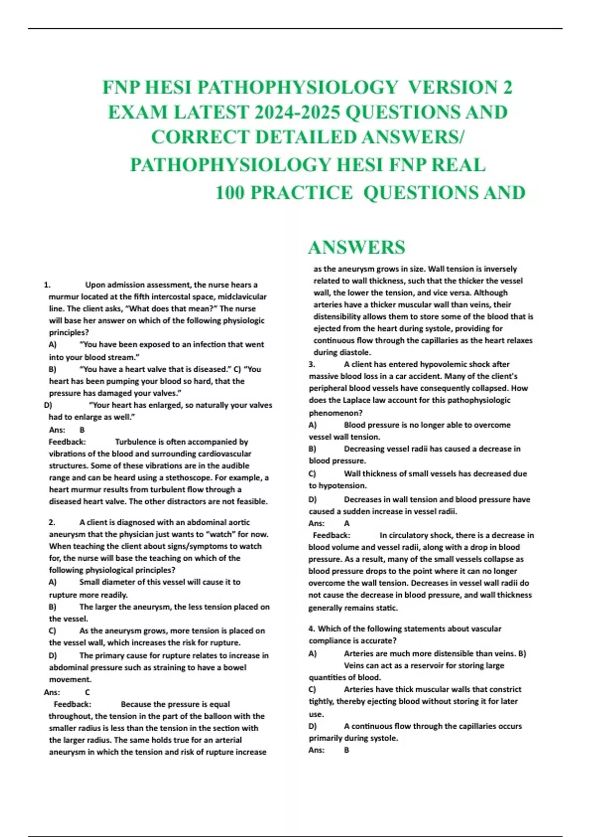 FNP HESI PATHOPHYSIOLOGY VERSION 2 EXAM LATEST QUESTIONS AND CORRECT ...