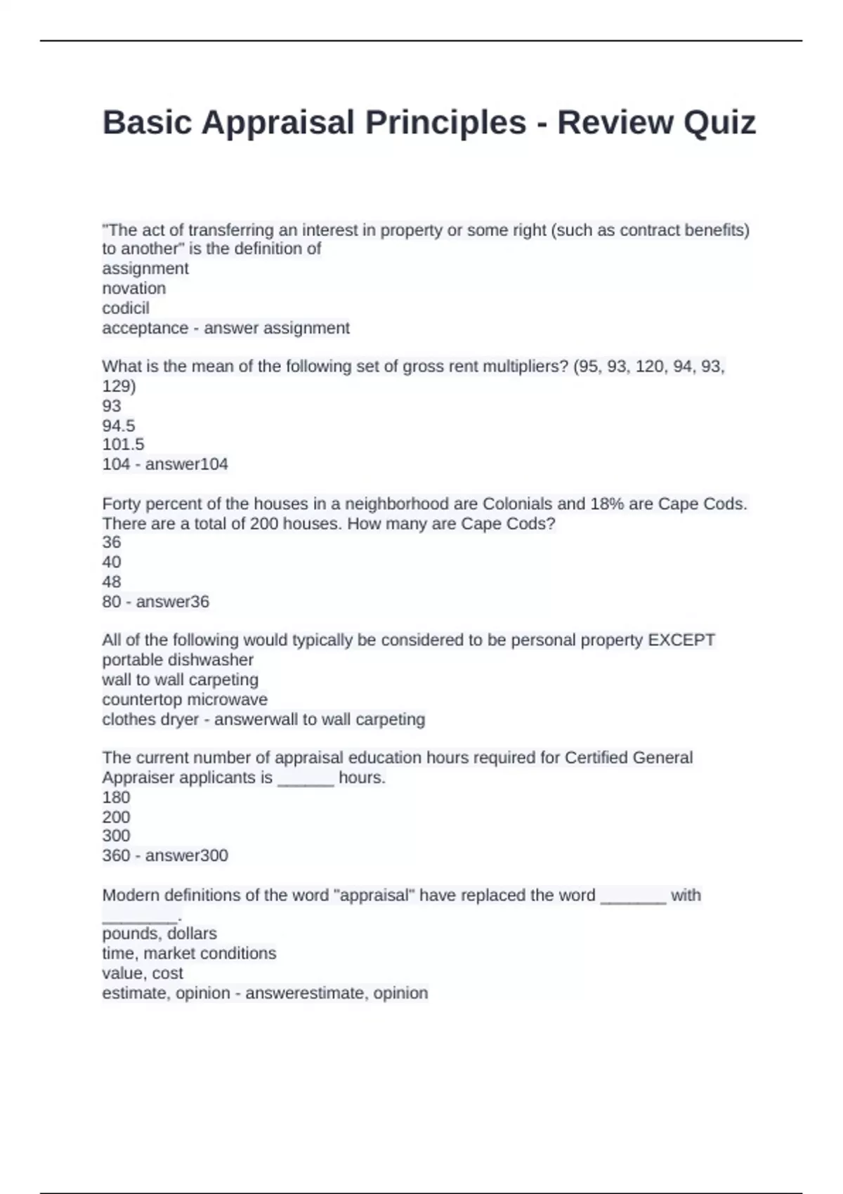 Basic Appraisal Principles - Review Quiz Questions and Answers Fully ...