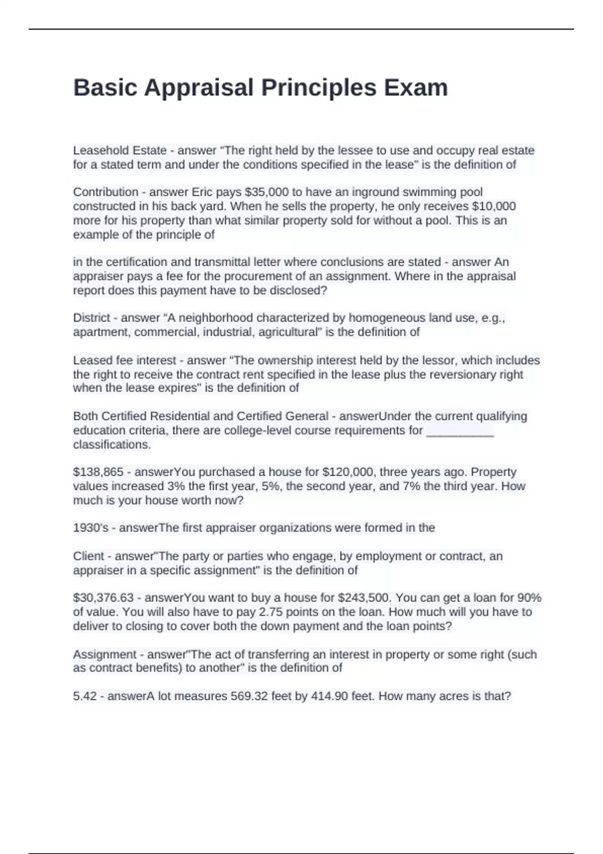 Basic Appraisal Principles Exam Questions with Correct Answers ...