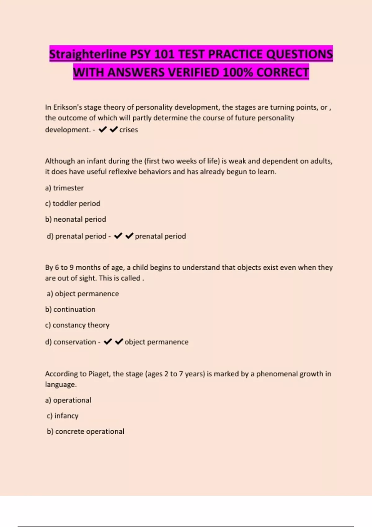 Straighterline PSY 101 TEST PRACTICE QUESTIONS WITH ANSWERS VERIFIED ...