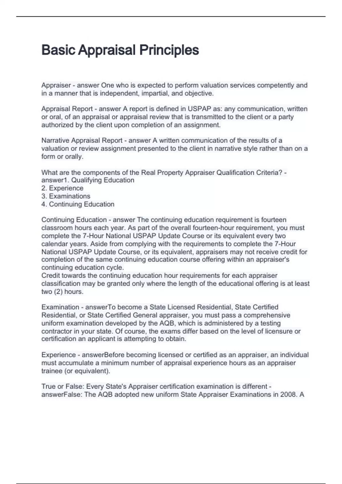 Basic Appraisal Principles Questions with Solutions - McKissick Basic Appraisal Principles ...