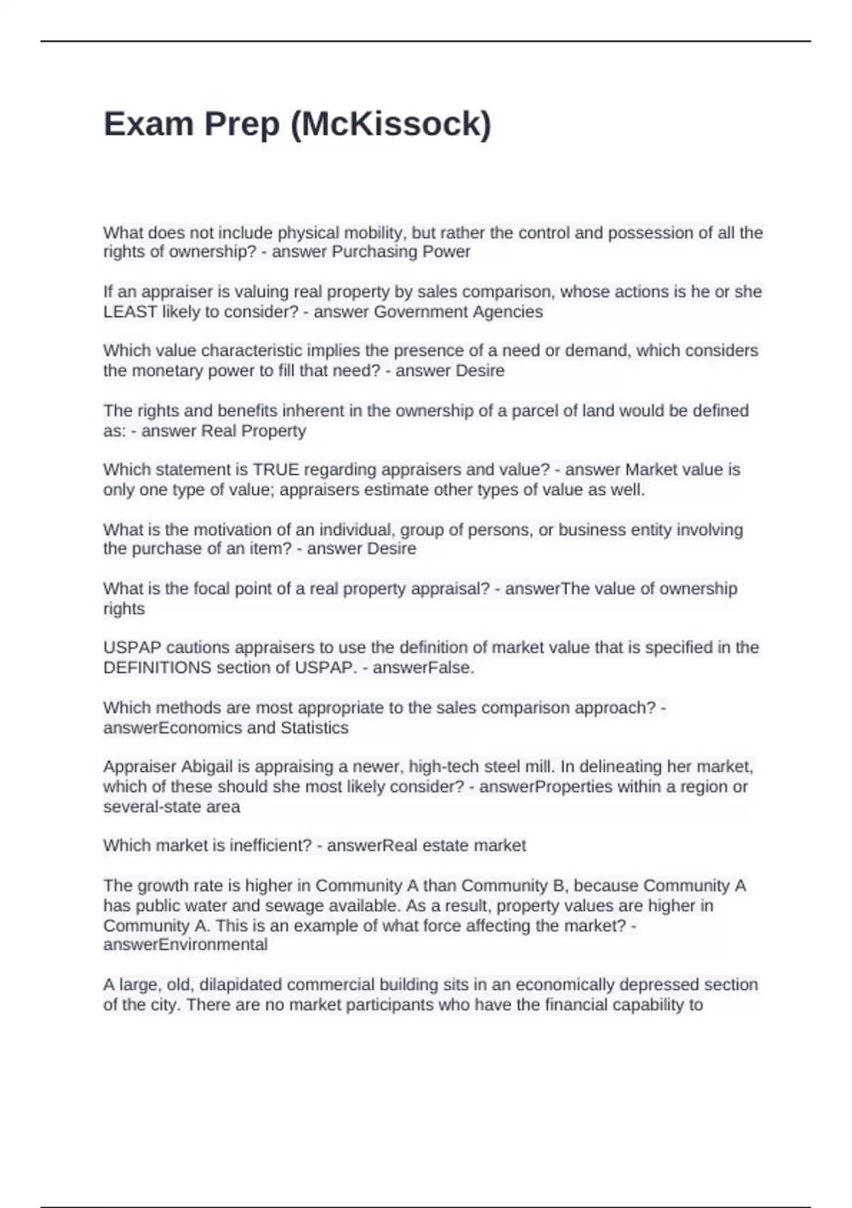 Exam Prep (McKissock) Questions and Answers - McKissick Basic Appraisal Principles - Stuvia US