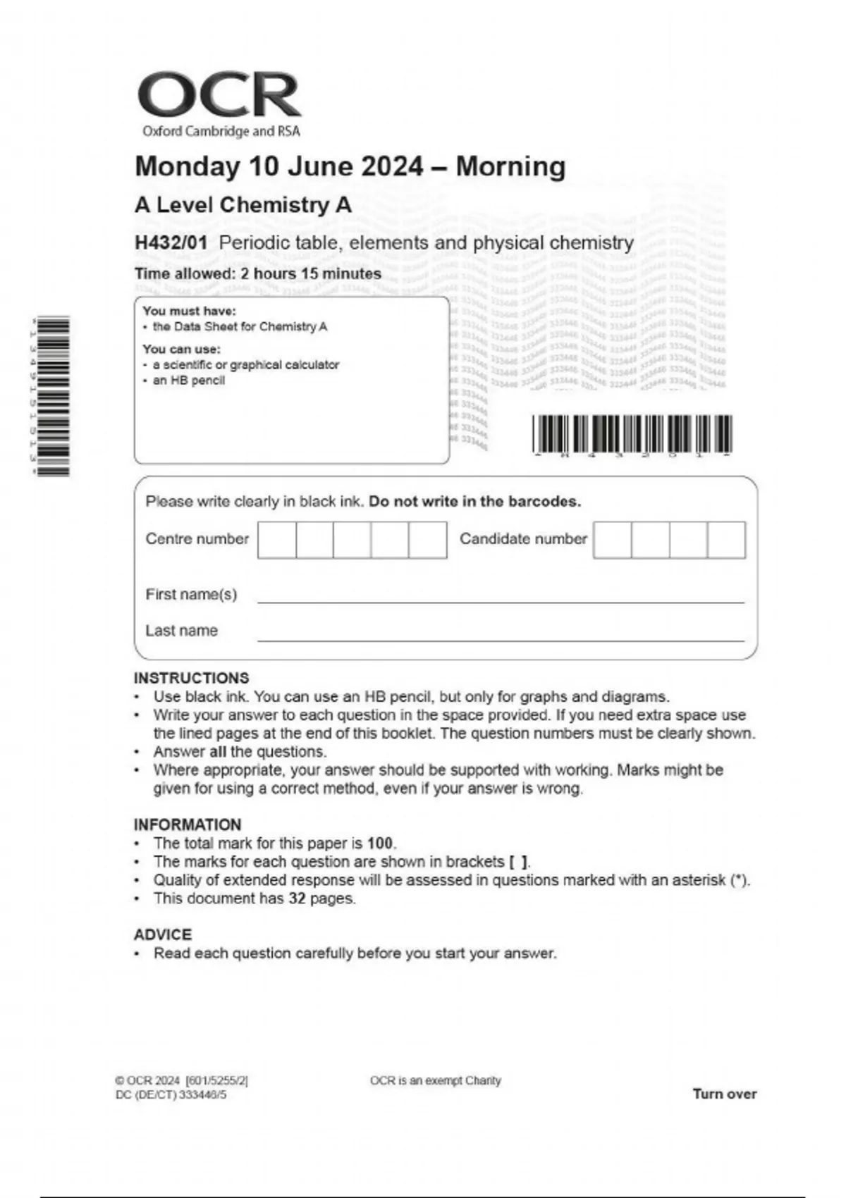 OCR JUNE 2024 A LEVEL CHEMISTRY A (PERIODIC TABLE ELEMENTS AND PHYSICAL ...