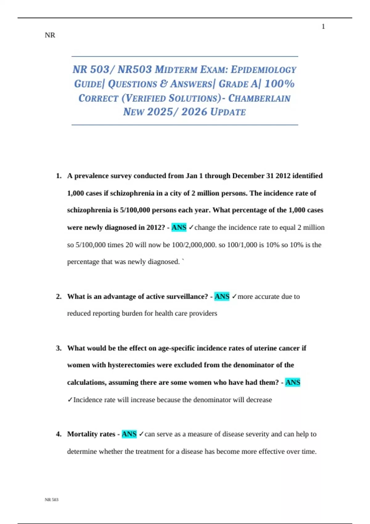 NR 503/ NR503 MIDTERM EXAM: EPIDEMIOLOGY GUIDE| QUESTIONS & ANSWERS ...