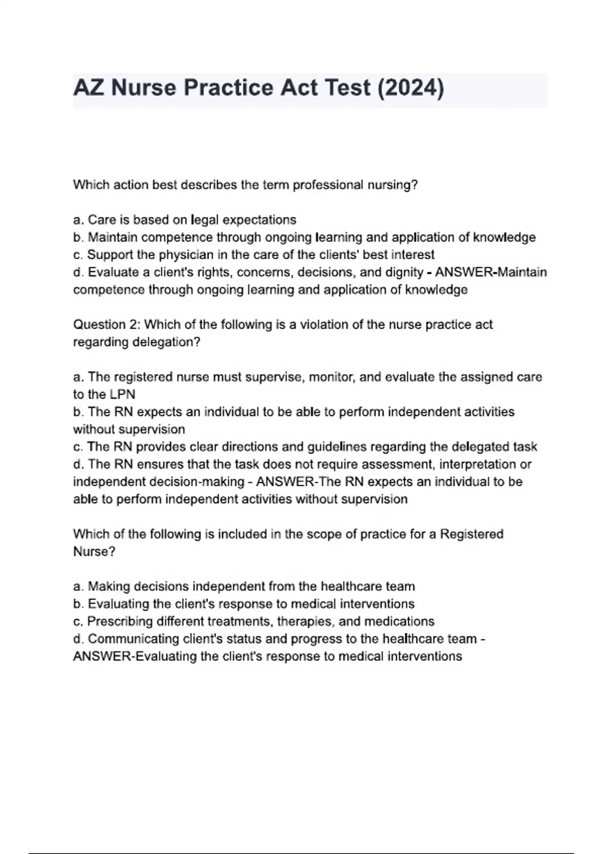AZ Nurse Practice Act Test (2024/2025) Questions and Answers |100% ...