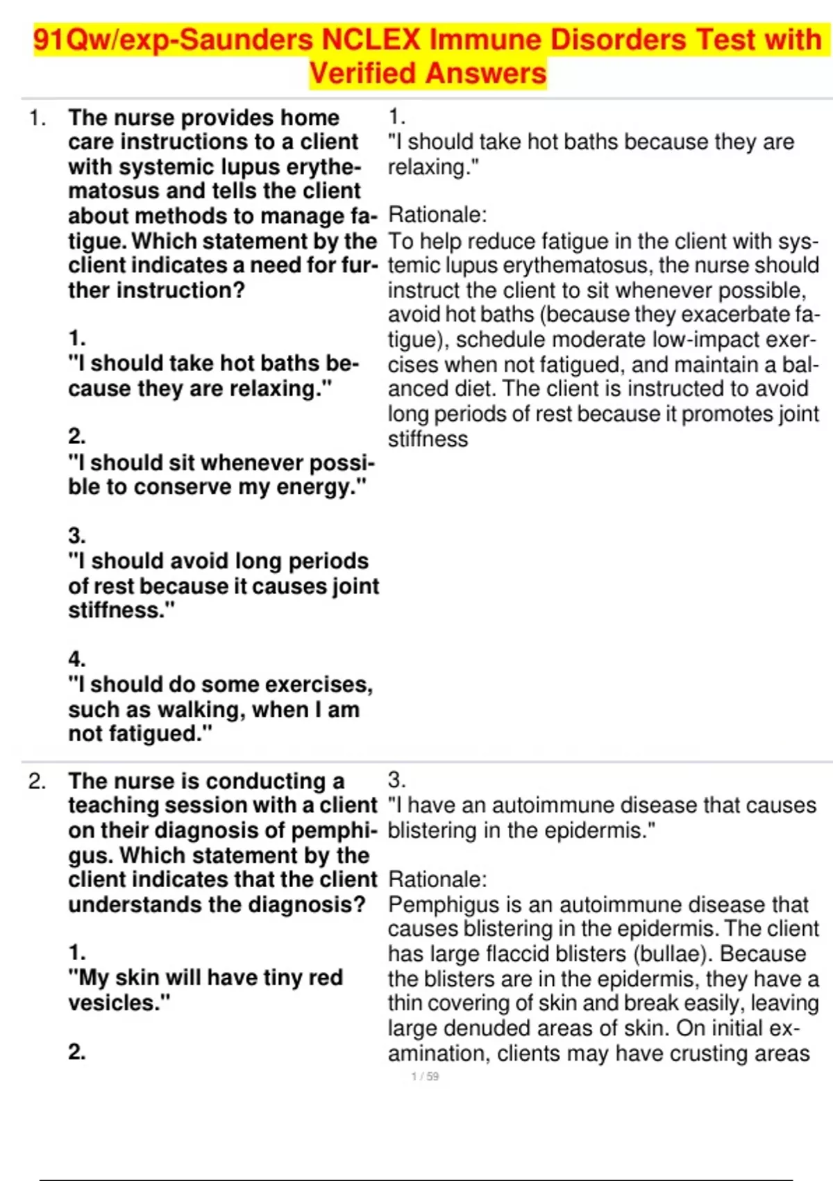 91Qw/exp-Saunders NCLEX Immune Disorders Test with Verified Answers ...