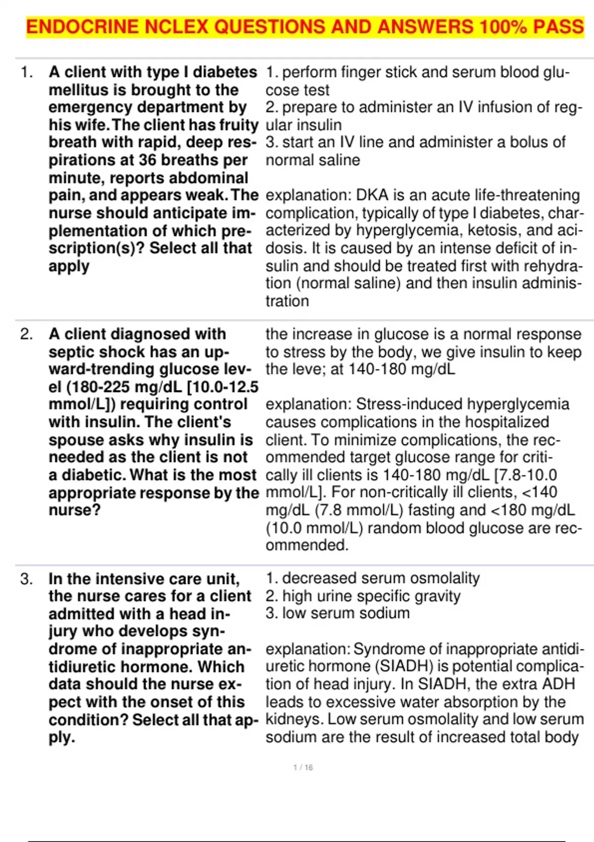 ENDOCRINE NCLEX QUESTIONS AND ANSWERS 100% PASS - Rn nclex - Stuvia US