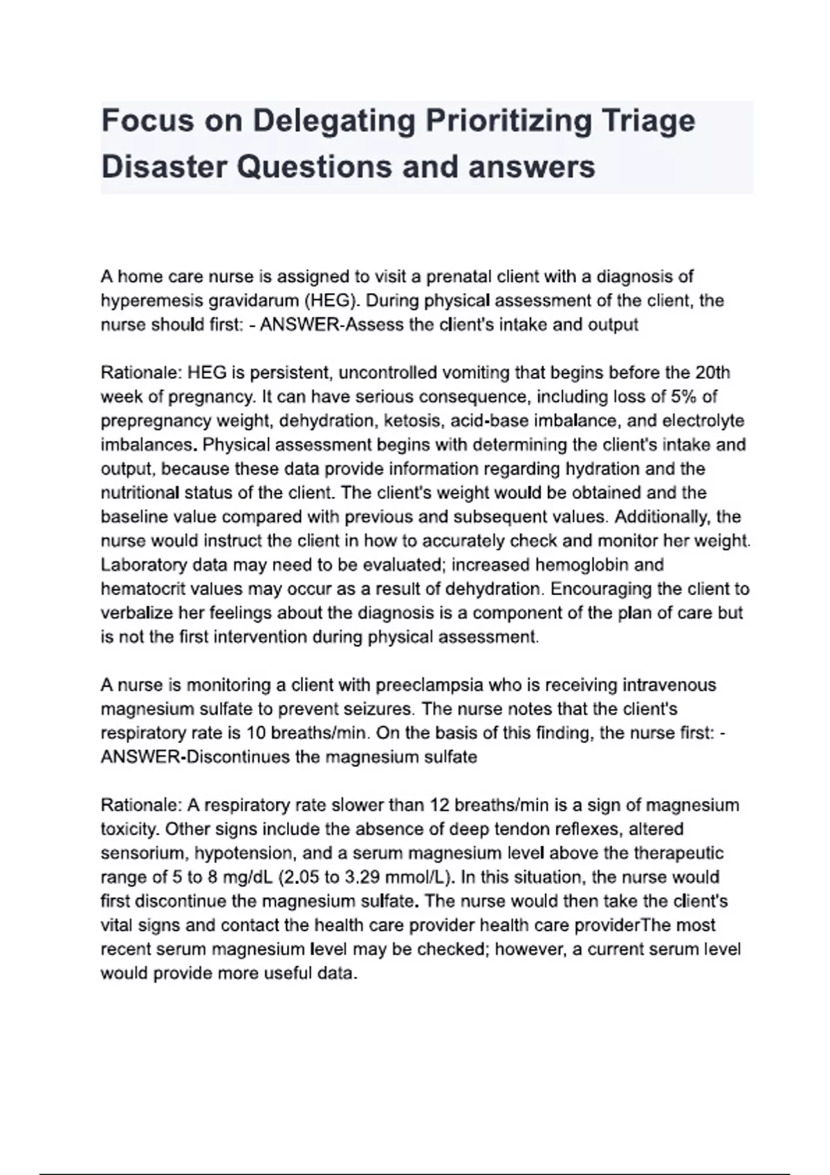 Focus on Delegating Prioritizing Triage Disaster Questions and Detailed ...
