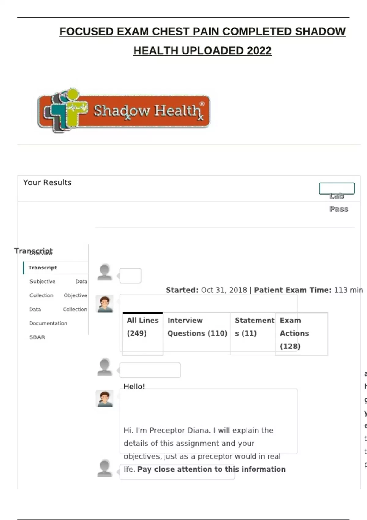 FOCUSED EXAM CHEST PAIN COMPLETED SHADOW HEALTH, LATEST 2024/2025 ...