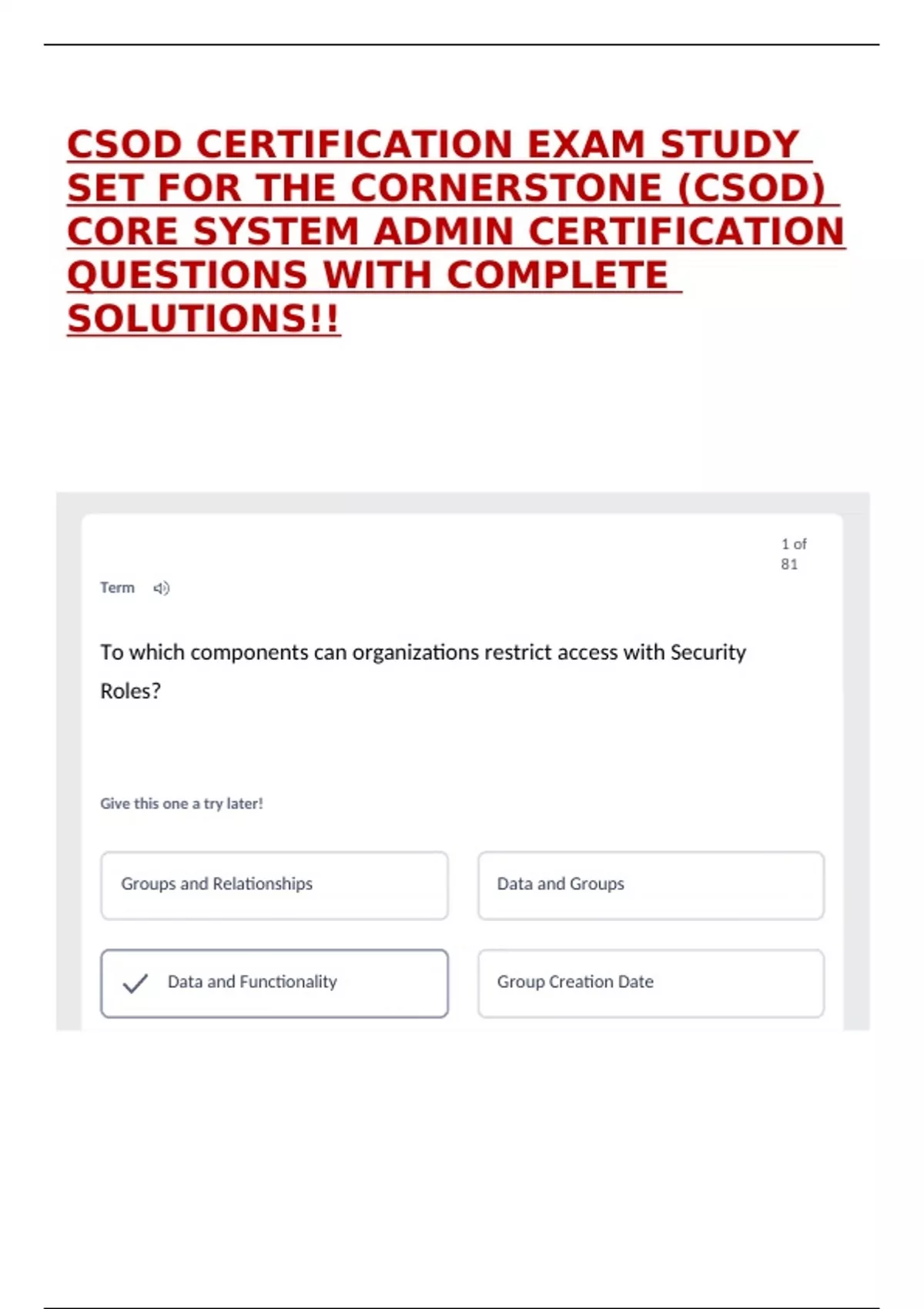 CSOD CERTIFICATION EXAM STUDY SET FOR THE CORNERSTONE (CSOD) CORE SYSTEM ADMIN CERTIFICATION ...