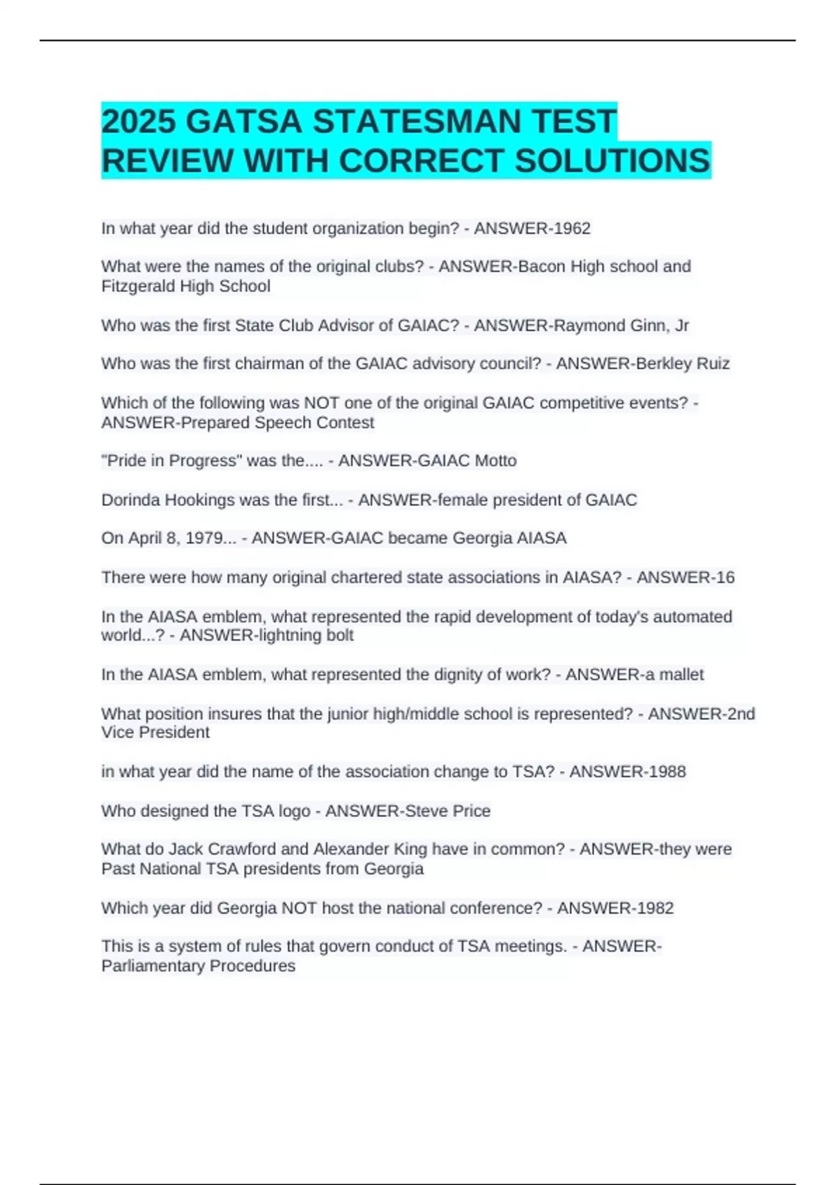 2025 GATSA STATESMAN TEST REVIEW WITH CORRECT SOLUTIONS - 2025 GATSA ...