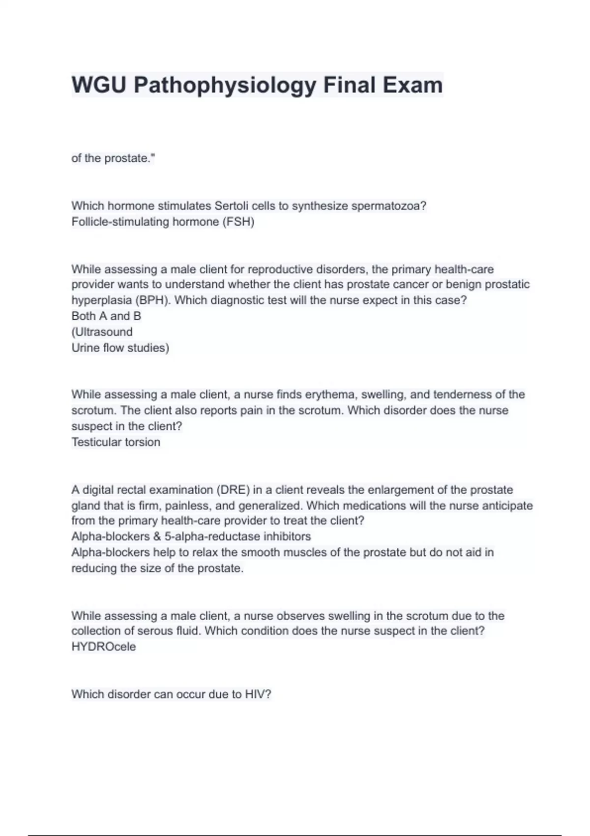 WGU Pathophysiology Final Exam Questions & Answers 2025/2026 ( A+ ...