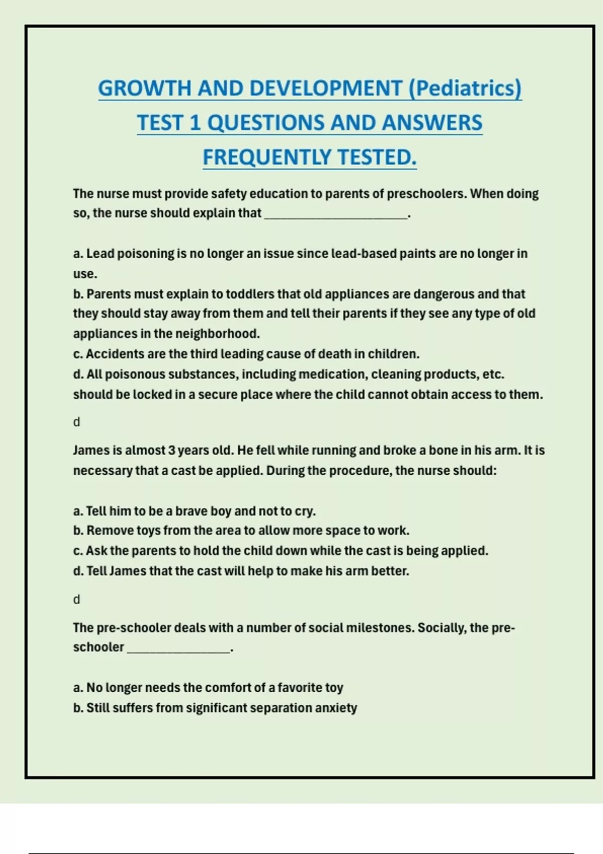 GROWTH AND DEVELOPMENT (Pediatrics) TEST 1 QUESTIONS AND ANSWERS ...
