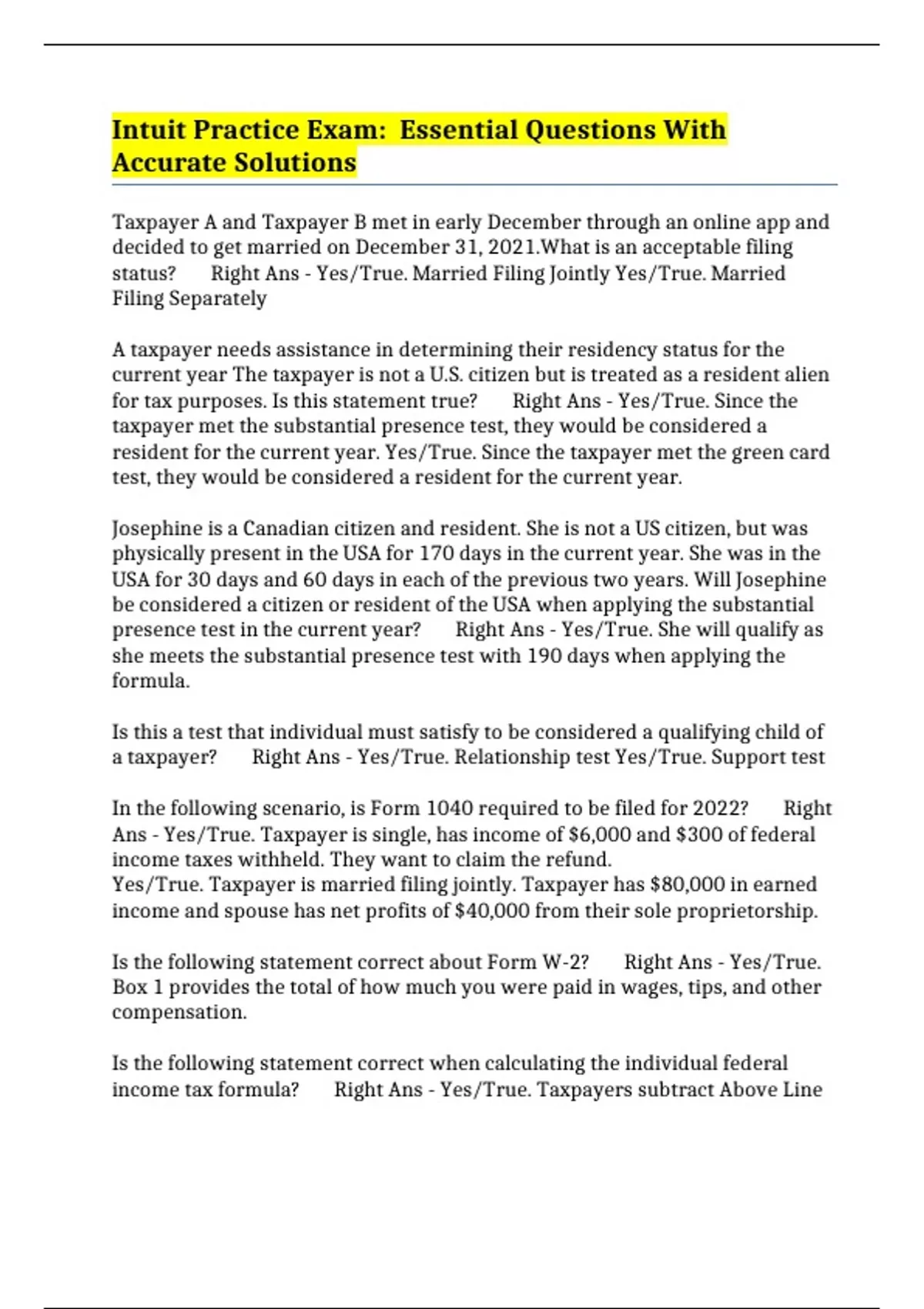 Intuit Practice Exam: Essential Questions With Accurate Solutions ...