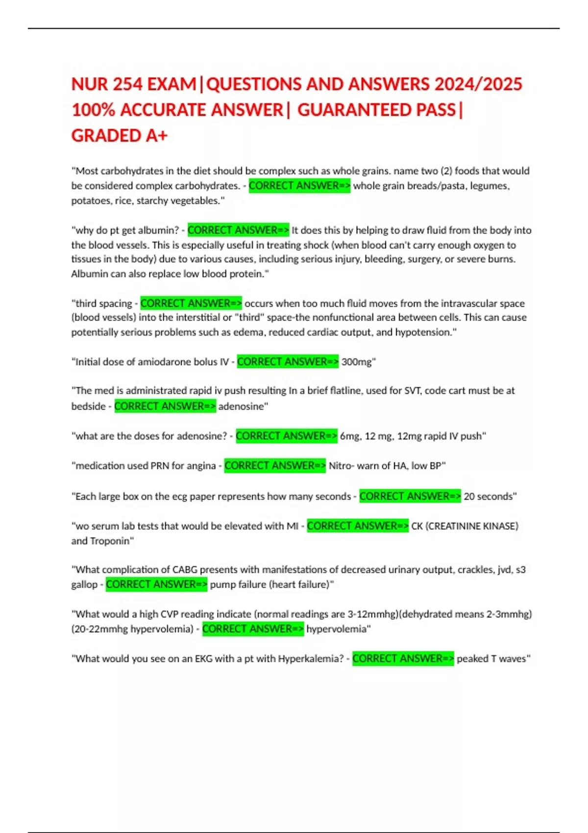 NUR 254 EXAM|QUESTIONS AND ANSWERS 2024/2025 PACKAGE - Stuvia US