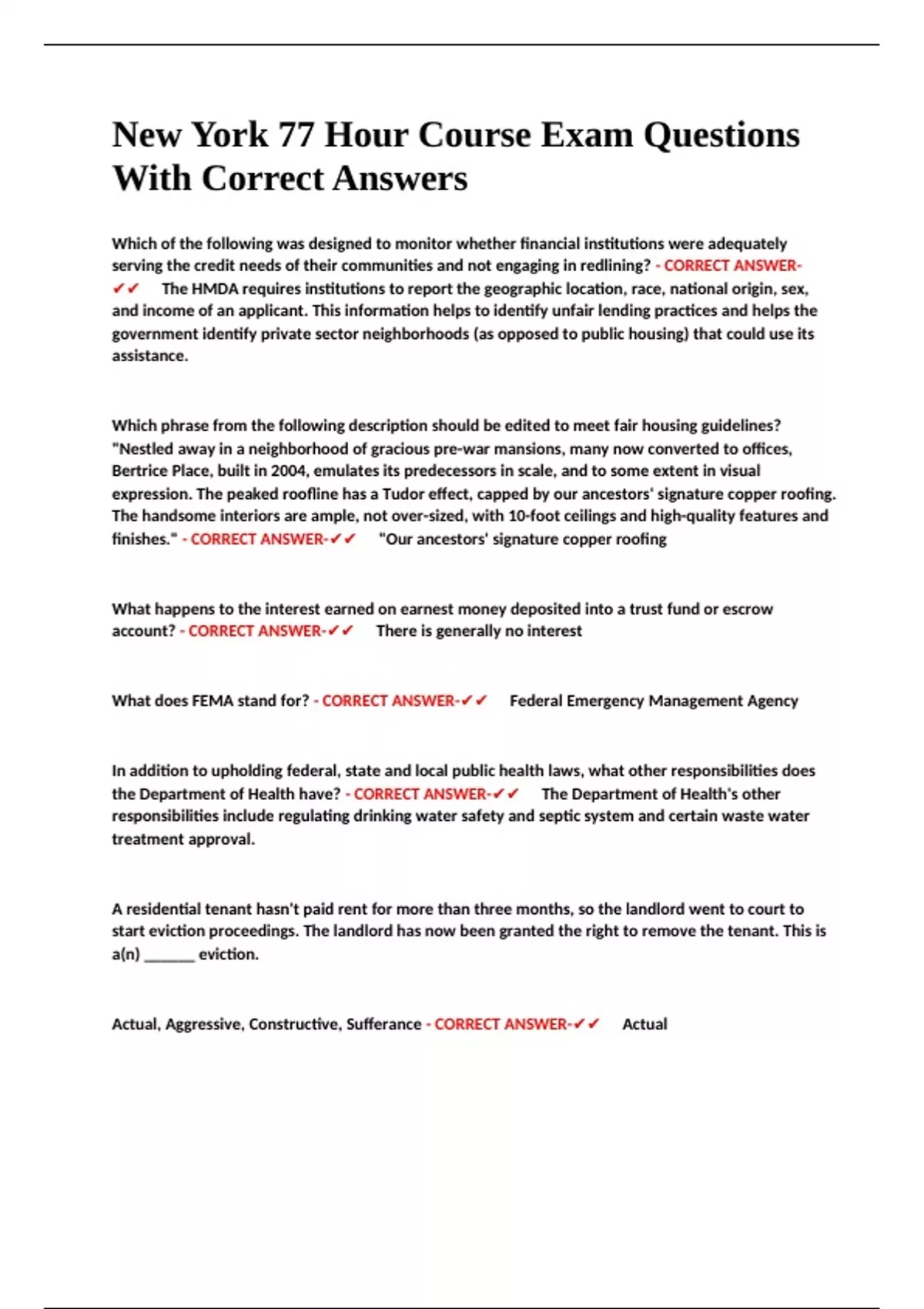 New York 77 Hour Course Exam Questions With Correct Answers - NY REAL ESTATE - Stuvia US