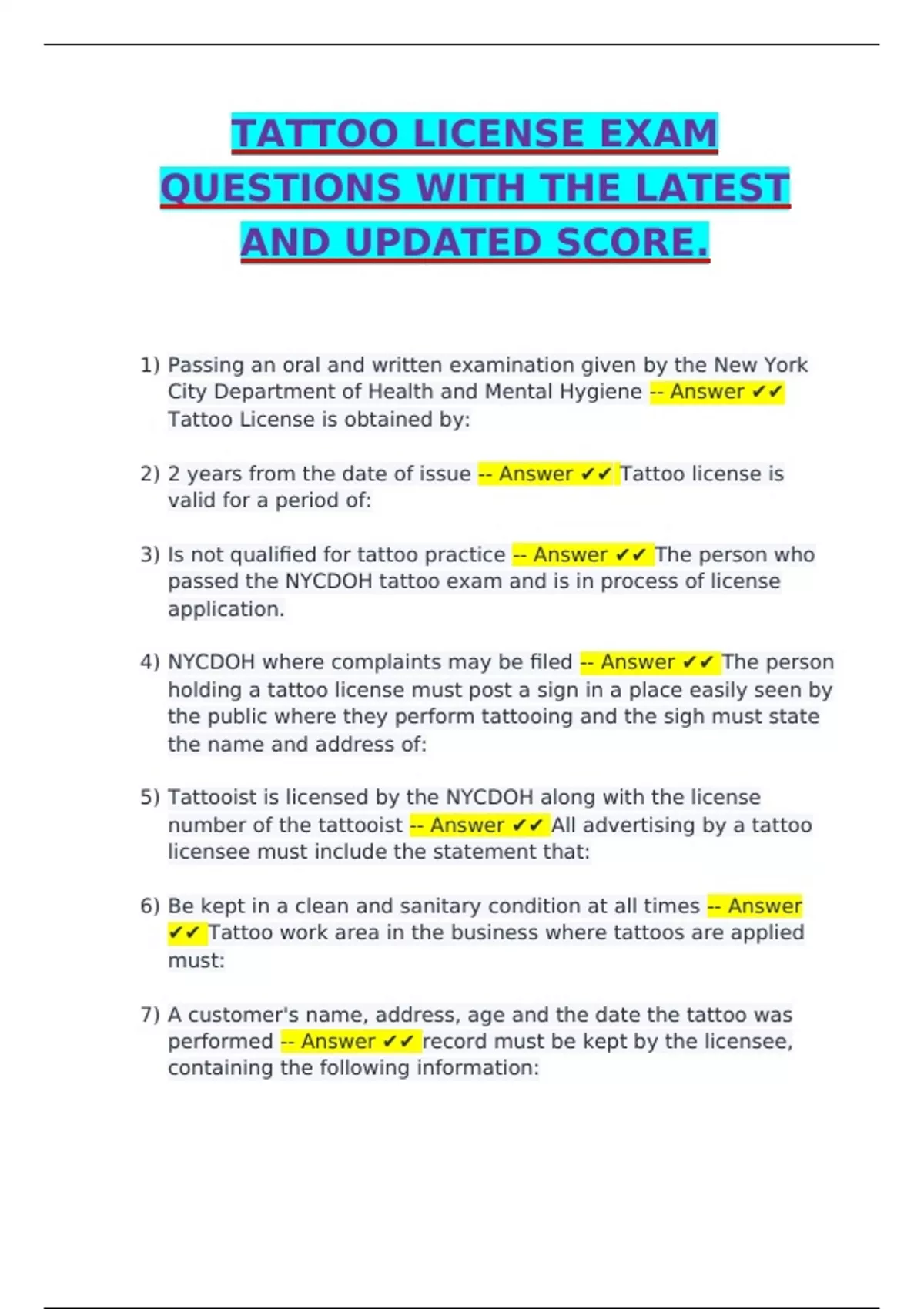 Tattoo License exam with complete solutions 2025 - Tattoo and body art ...