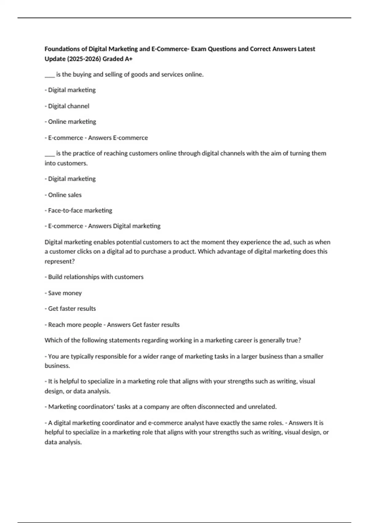 Foundations of Digital Marketing and E-Commerce- Exam Questions and ...