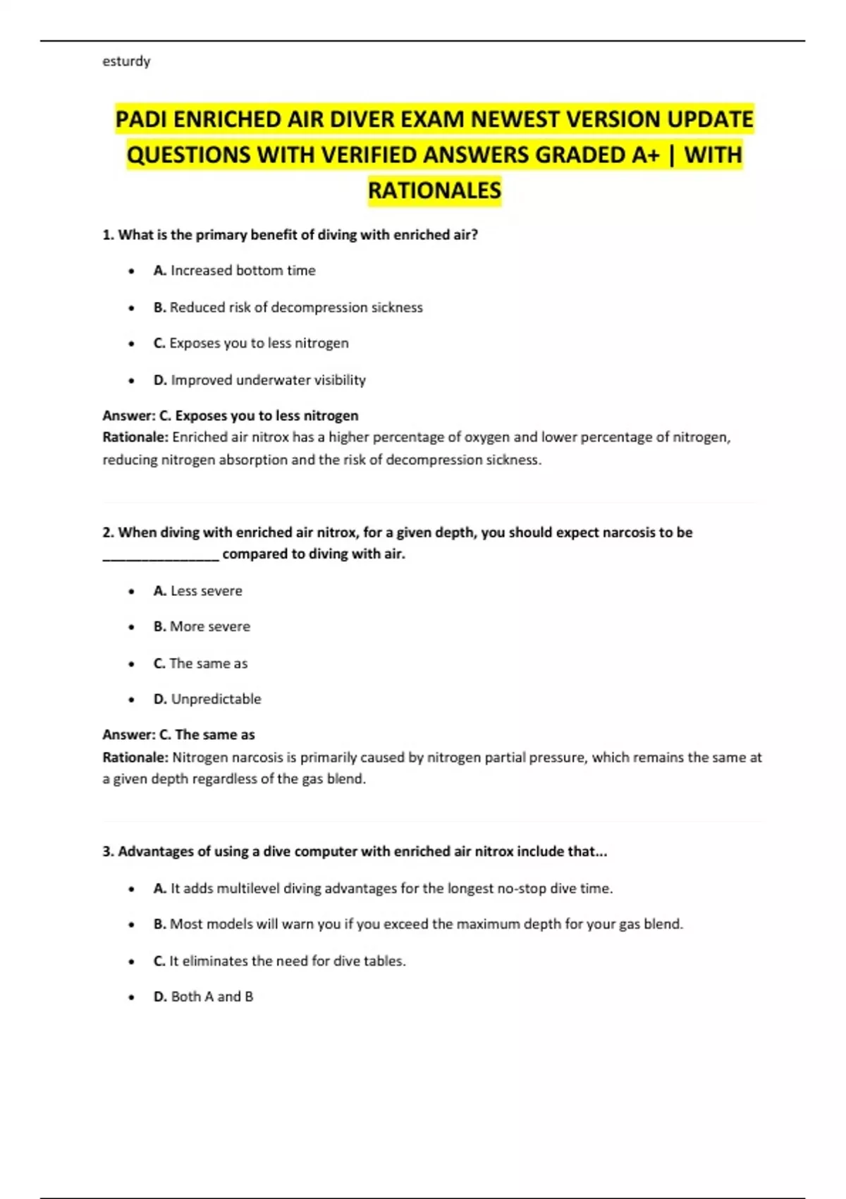 PADI ENRICHED AIR DIVER EXAM NEWEST VERSION UPDATE QUESTIONS WITH ...