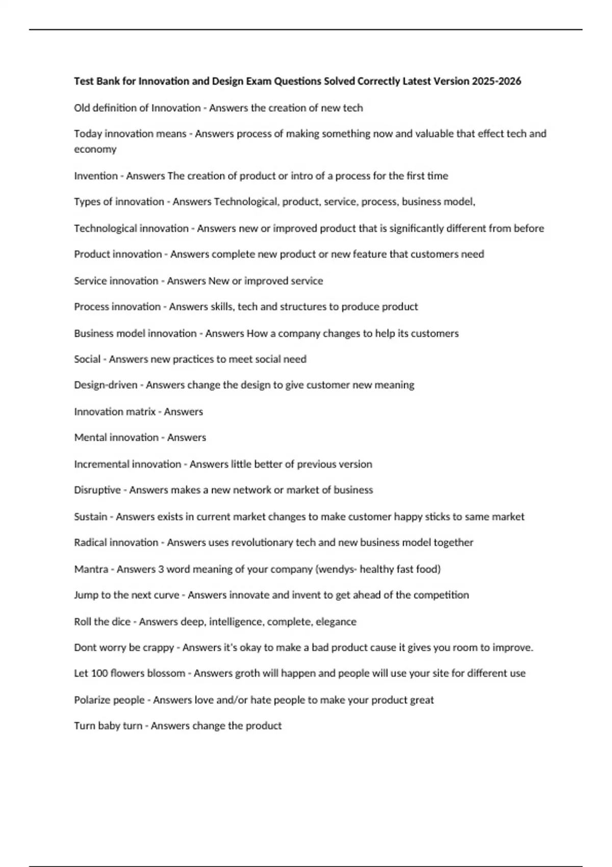 Test Bank for Innovation and Design Exam Questions Solved Correctly ...