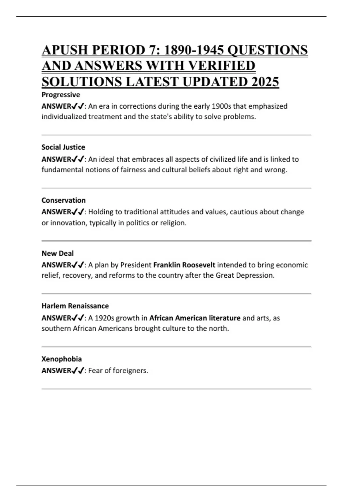 APUSH PERIOD 7: QUESTIONS AND ANSWERS WITH VERIFIED SOLUTIONS LATEST ...