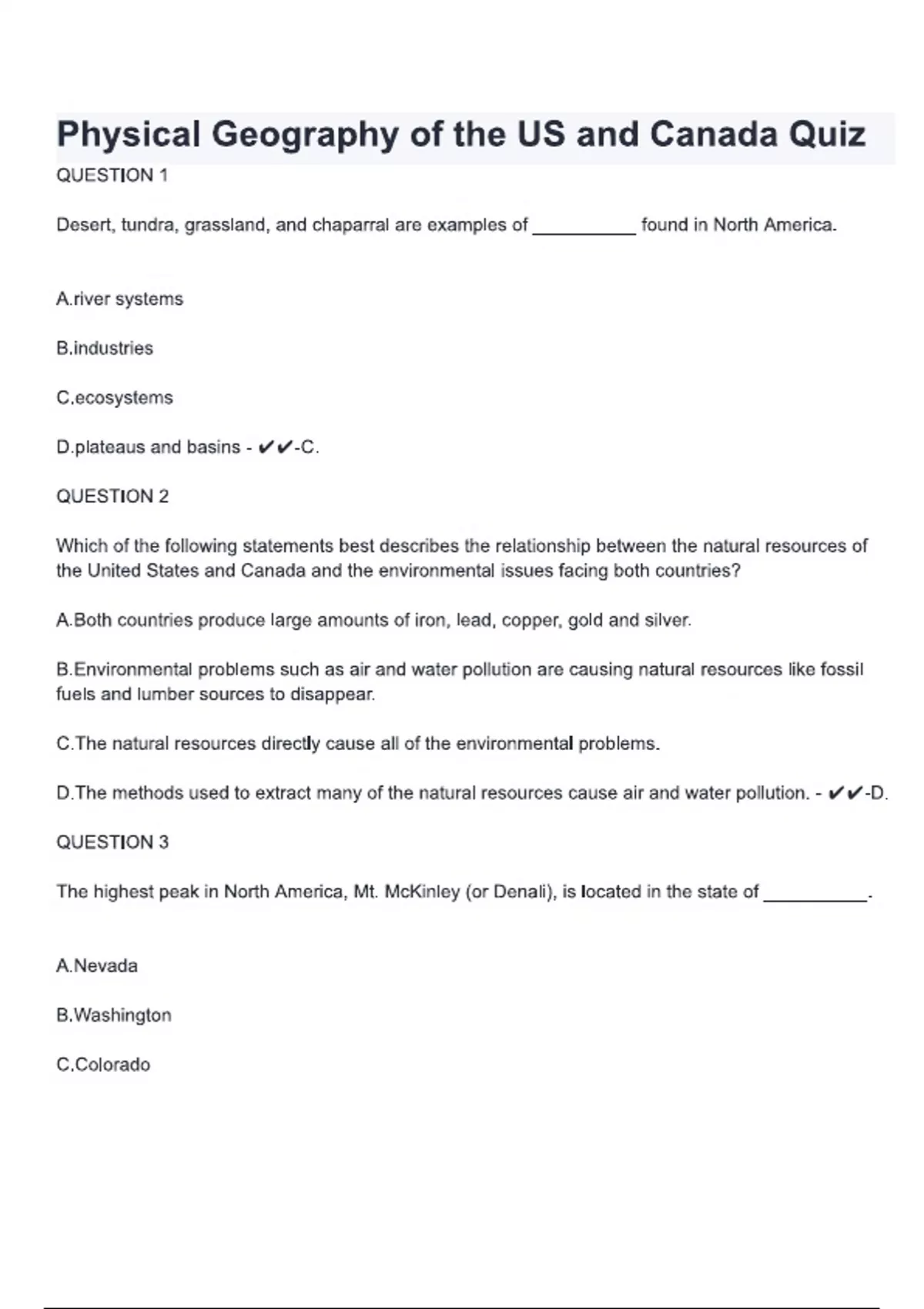 Physical Geography of the US and Canada World Coutures Quiz questions ...