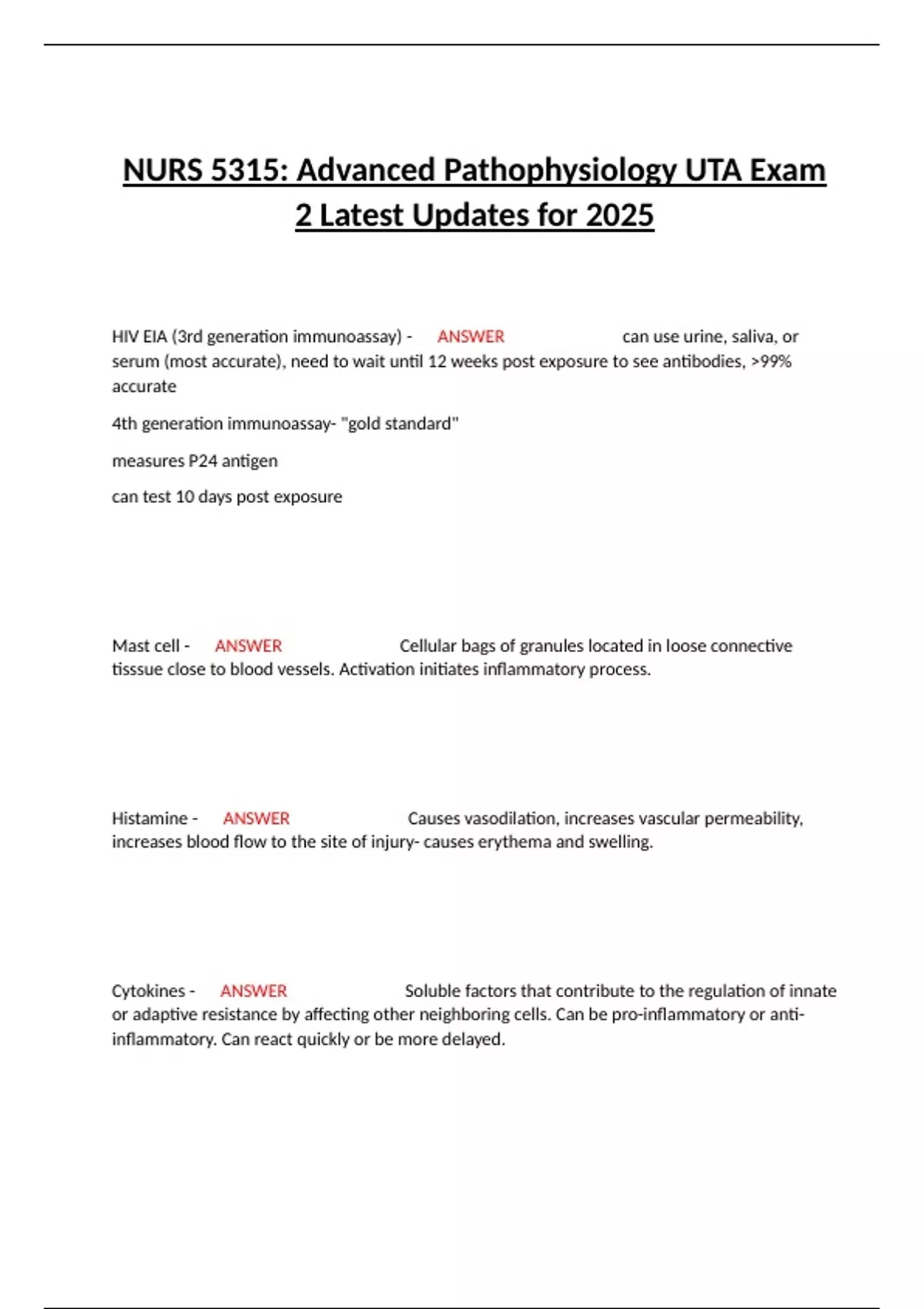 NURS 5315: Advanced Pathophysiology UTA Exam 2 Latest Updates for 2025 ...