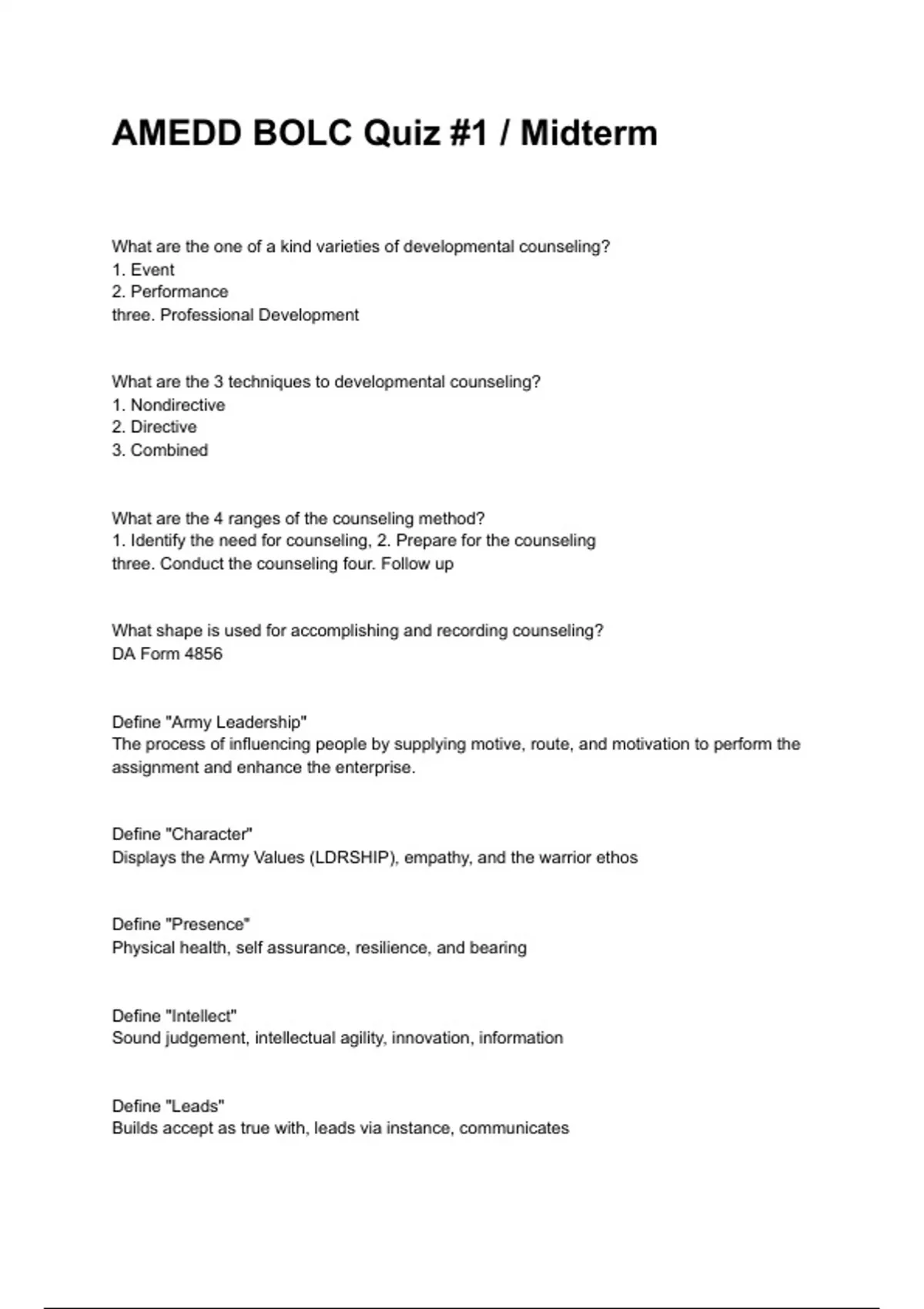 AMEDD BOLC Quiz #1 / Midterm NEWEST 2025/2026 ACTUAL EXAM COMPLETE ...