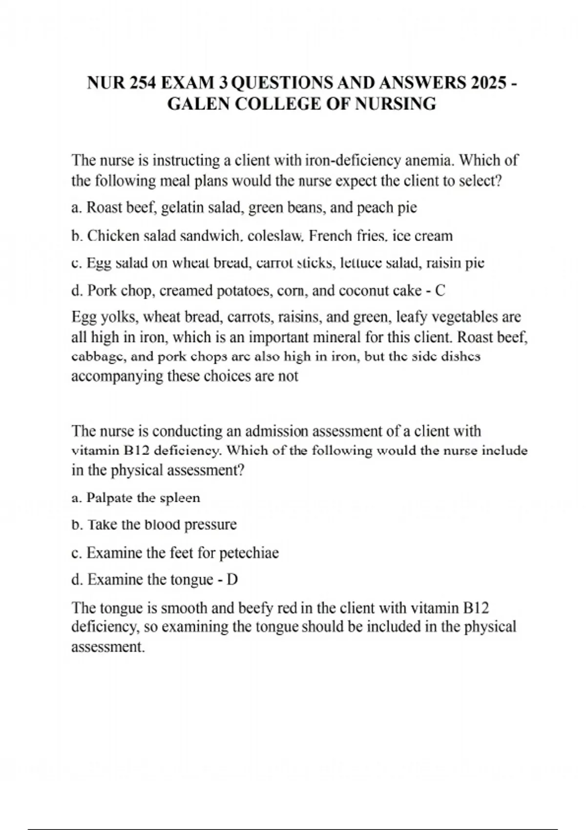 NUR 254 EXAM 3 QUESTIONS AND ANSWERS 2025 - GALEN COLLEGE OF NURSING ...