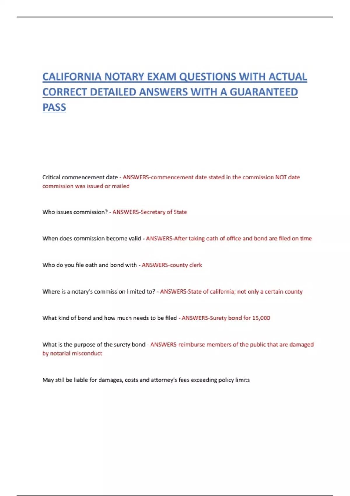 CALIFORNIA NOTARY EXAM QUESTIONS WITH ACTUAL CORRECT DETAILED ANSWERS ...
