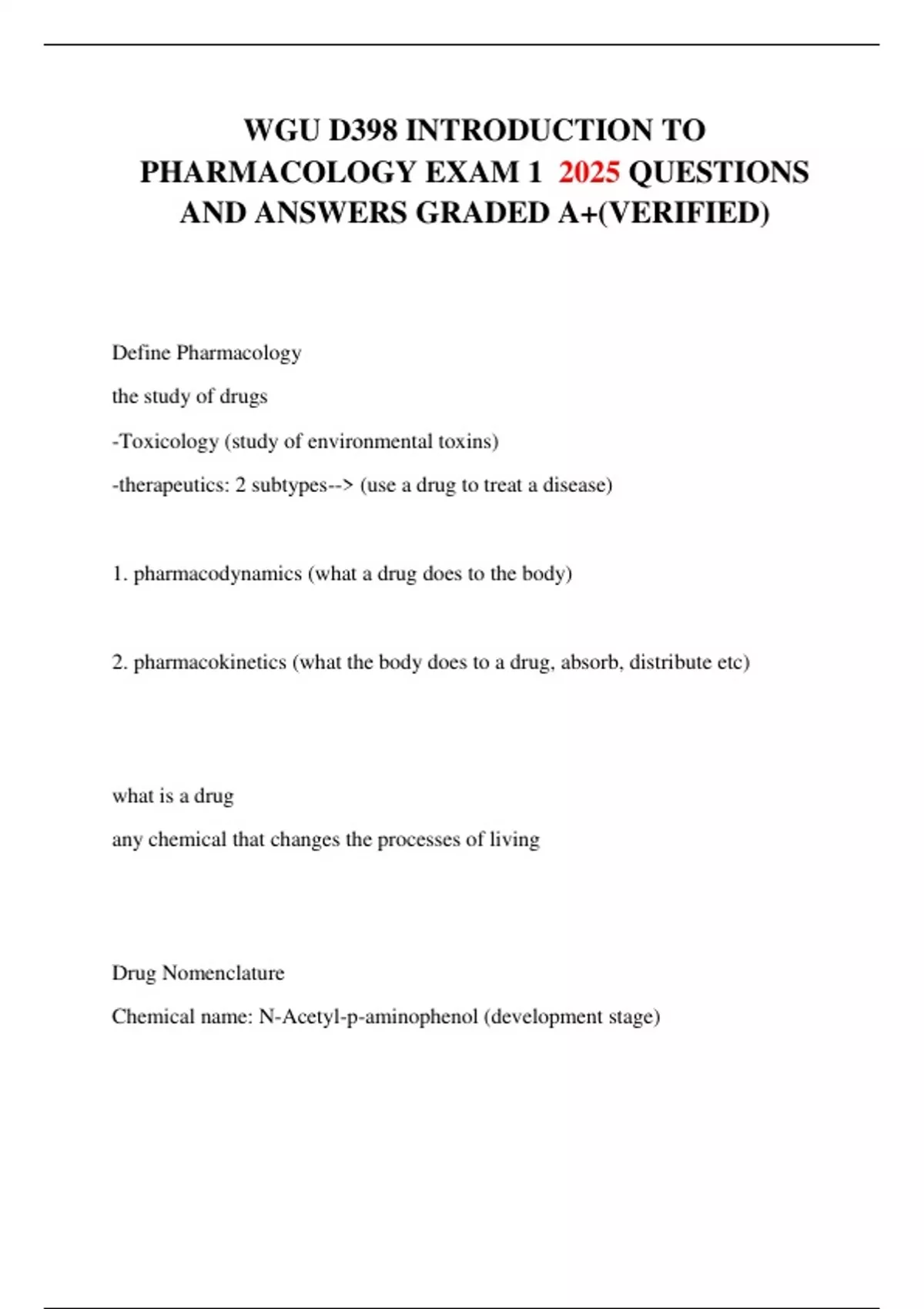 WGU D398 INTRODUCTION TO PHARMACOLOGY EXAM 1 2025 QUESTIONS AND ANSWERS ...