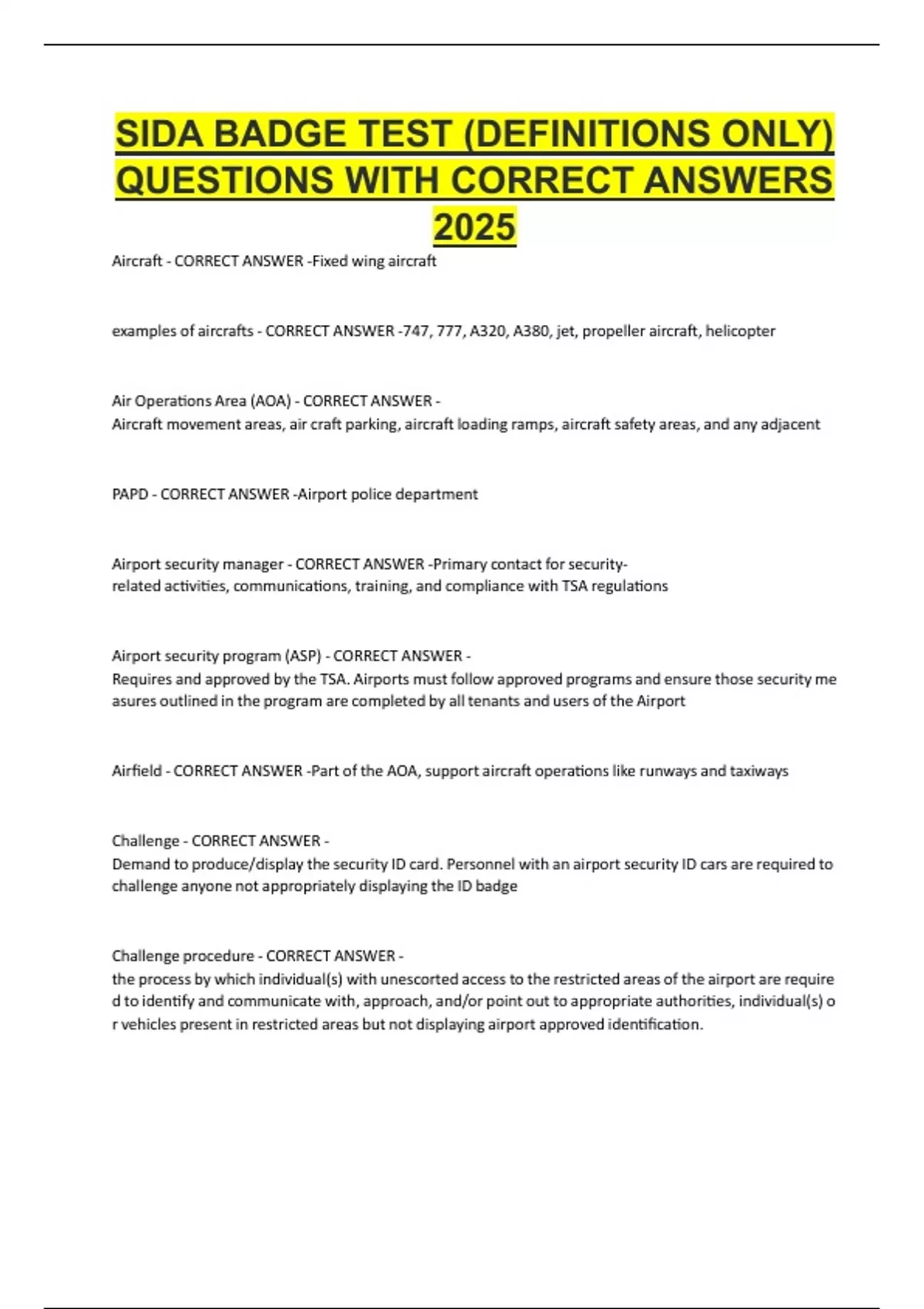 SIDA BADGE TEST (DEFINITIONS ONLY) QUESTIONS WITH CORRECT ANSWERS 2025 ...