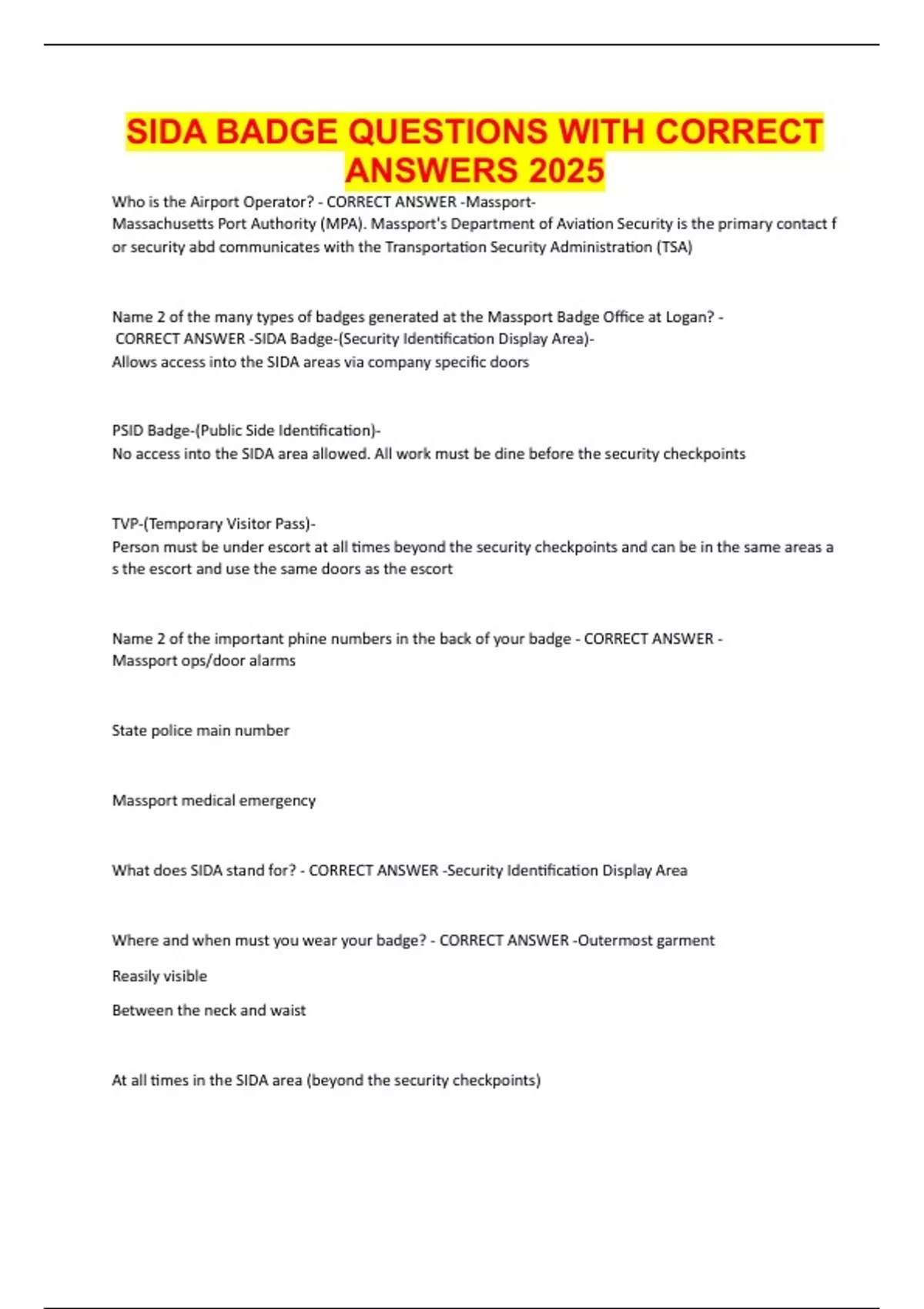 SIDA BADGE QUESTIONS WITH CORRECT ANSWERS 2025 - Sida badge - Stuvia US