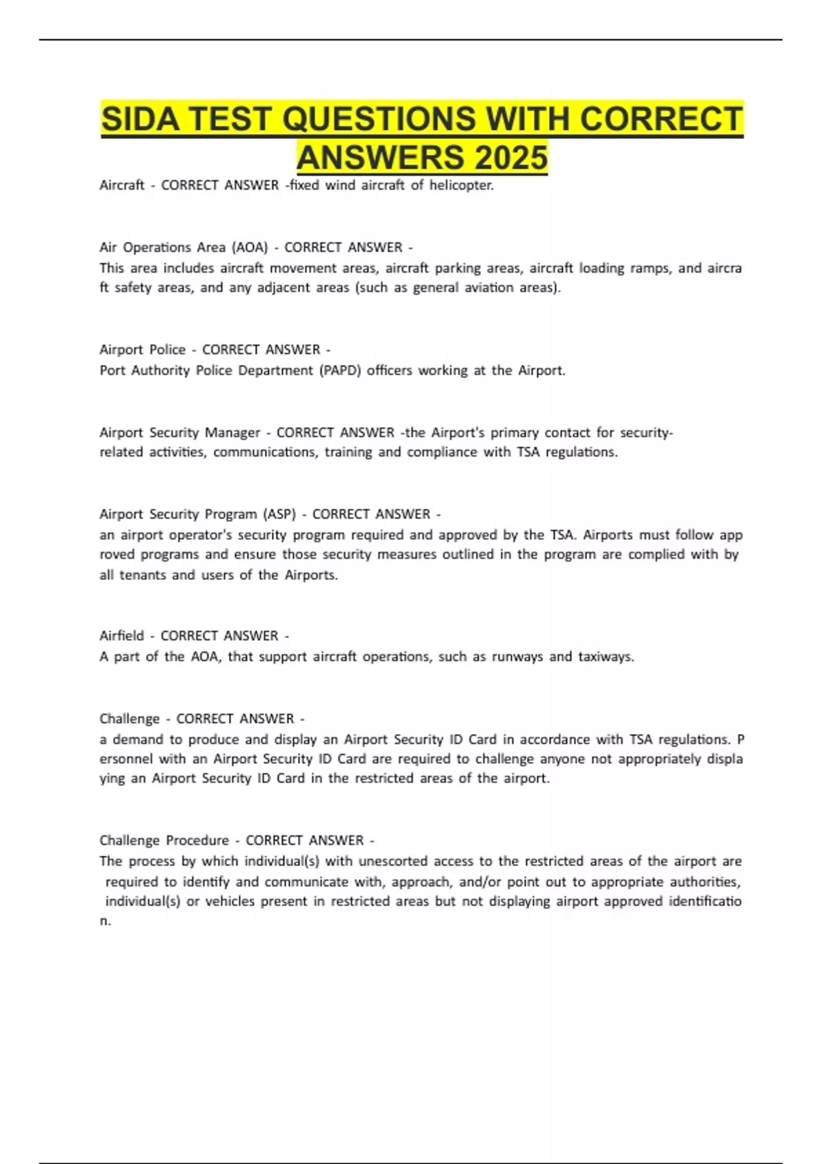 SIDA TEST QUESTIONS WITH CORRECT ANSWERS 2025 - Sida badge - Stuvia US