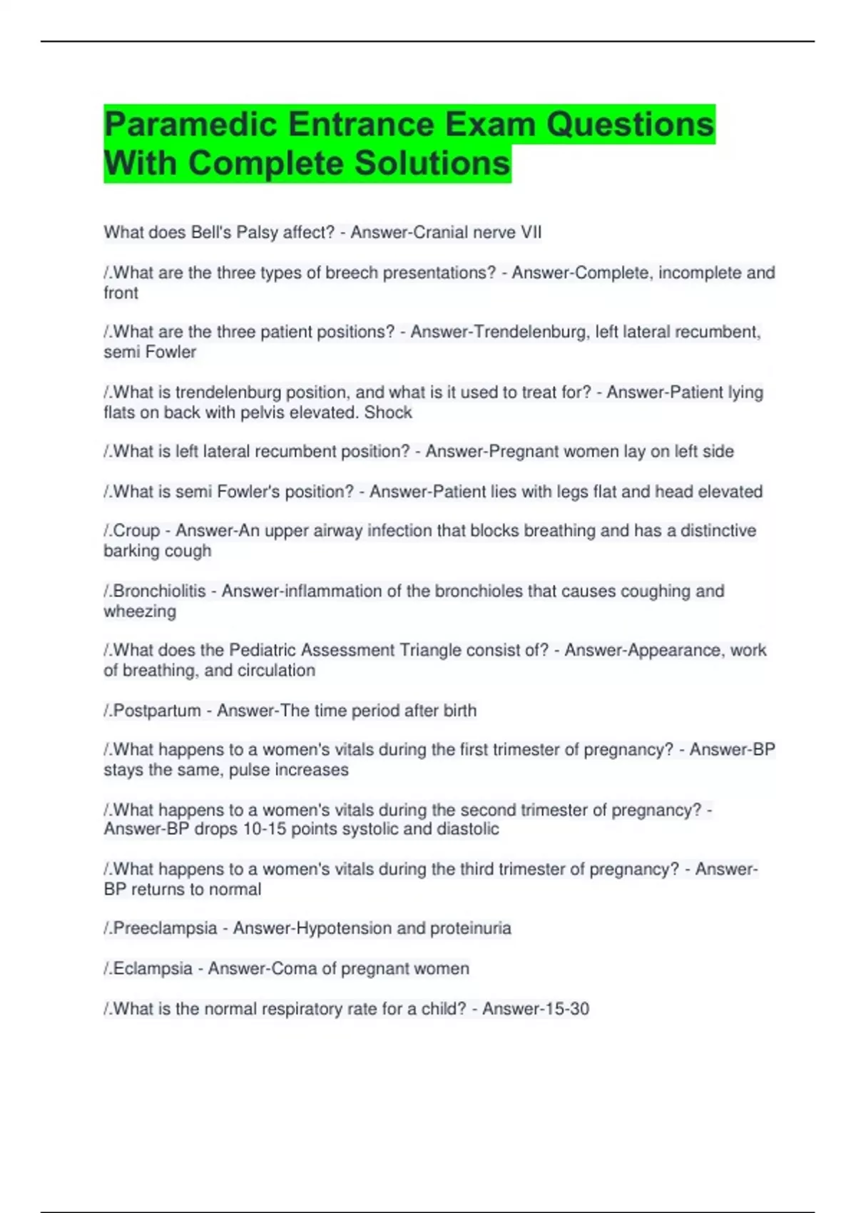 Paramedic Entrance Exam Questions With Complete Solutions - Paramedic ...