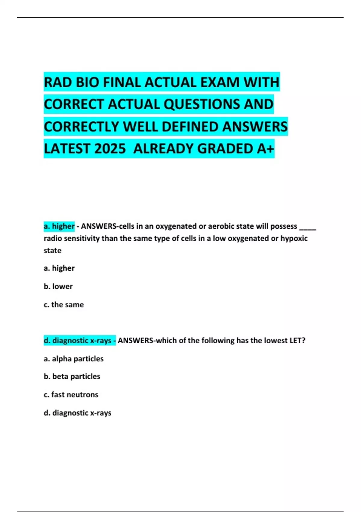 RAD BIO FINAL ACTUAL EXAM WITH CORRECT ACTUAL QUESTIONS AND CORRECTLY ...