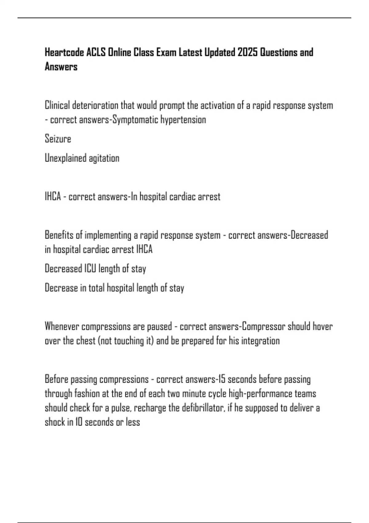 Heartcode ACLS Online Class Exam Latest Updated 2025 Questions and ...