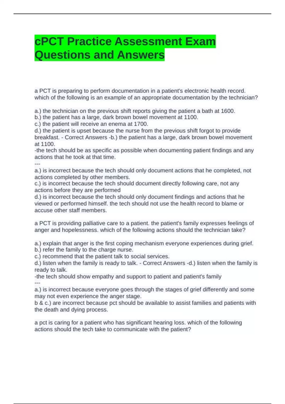 cPCT Practice Assessment Exam Questions and Answers - CPCT - Stuvia US