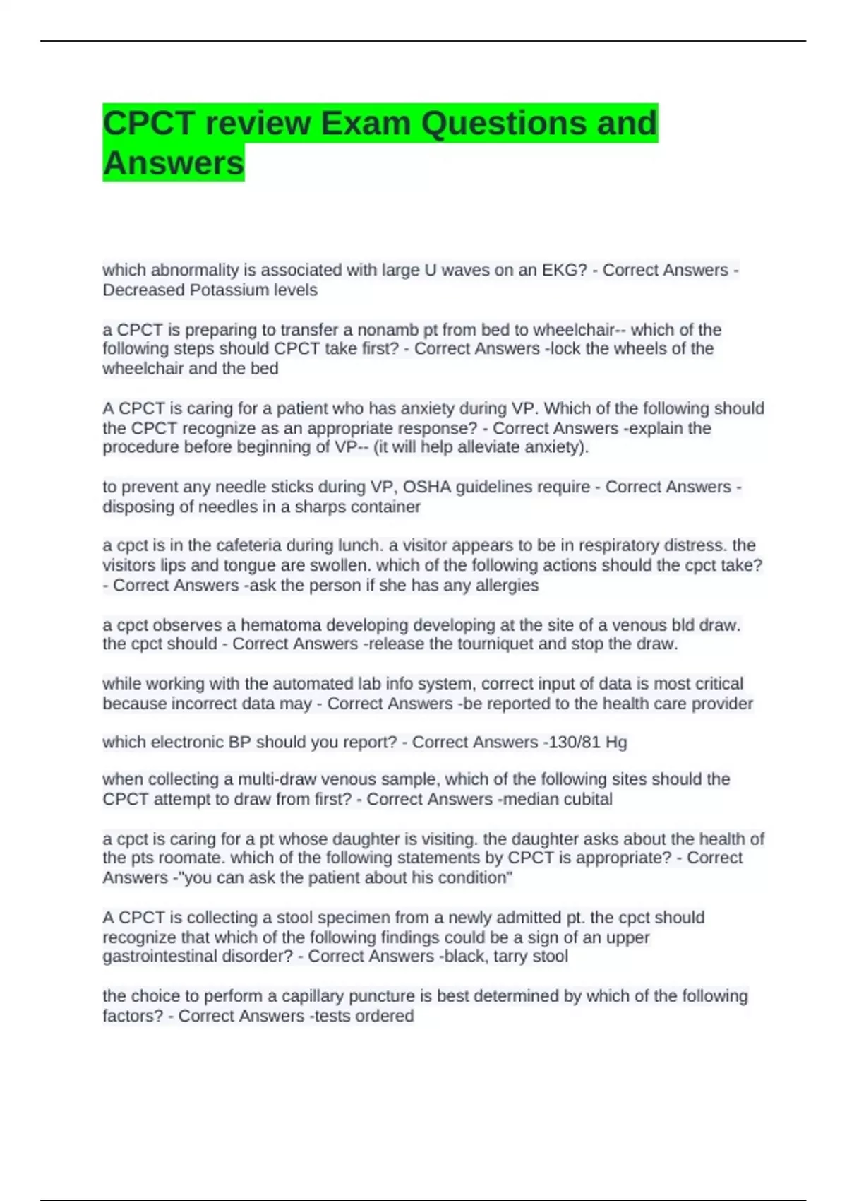 CPCT review Exam Questions and Answers - CPCT - Stuvia US