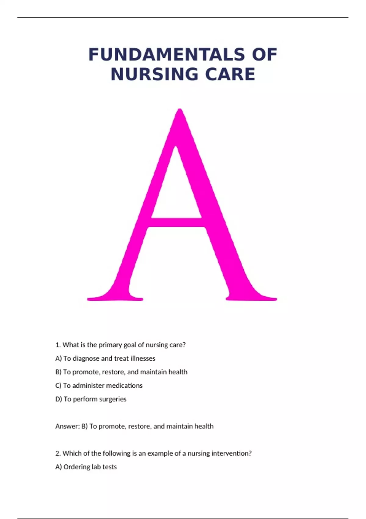 FUNDAMENTALS OF NURSING CARE: QUESTIONS AND VERIFIED ANSWERS 2025 ...