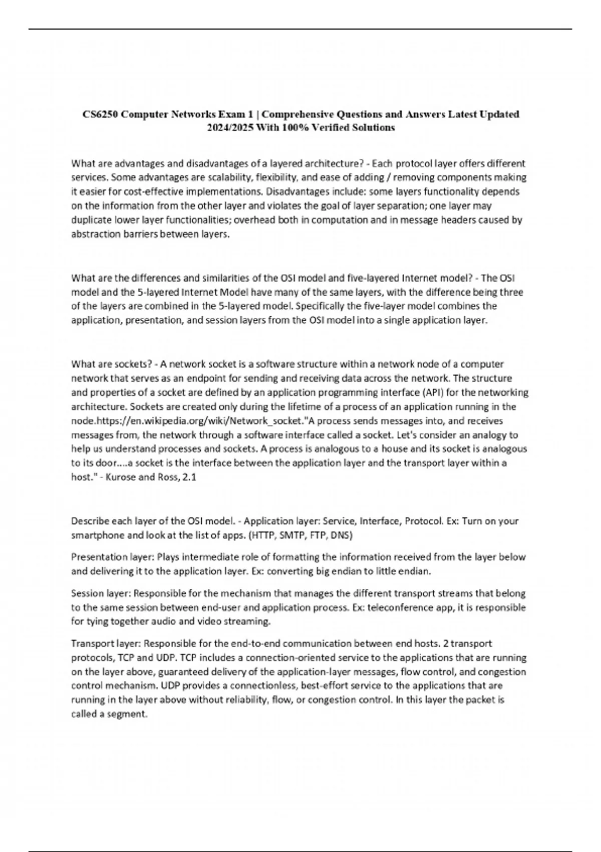 CS6250 Computer Networks Exam 1 | Comprehensive Questions and Answers - CS6250 - Stuvia US