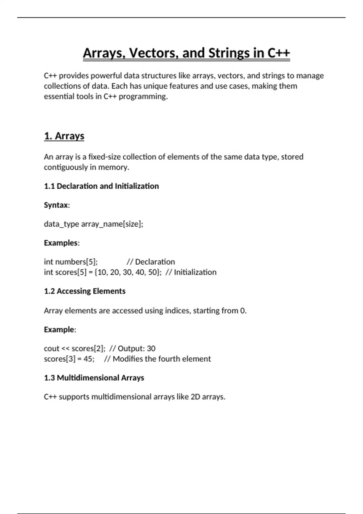 Arrays, Vectors, and Strings in C++: A Comprehensive Guide with Examples - COMPUTER SCIENCE ...