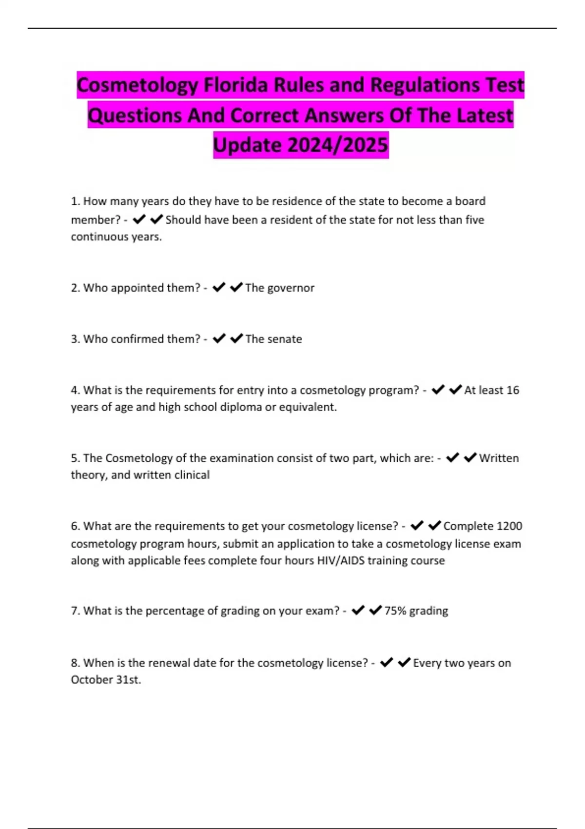 Cosmetology Florida Rules and Regulations Test Questions And Correct ...