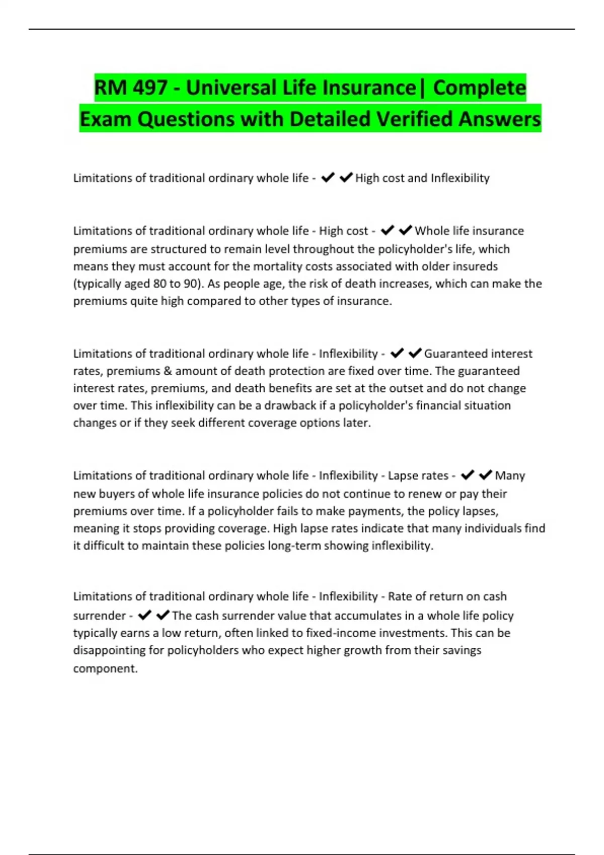 RM 497 - Universal Life Insurance| Complete Exam Questions with ...