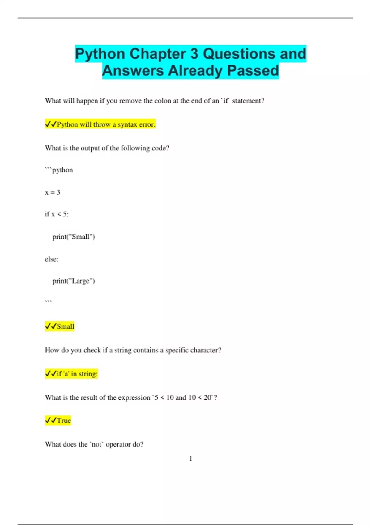 Python Chapter 3 Questions and Answers Already Passed - Python Chapter 3 - Stuvia US