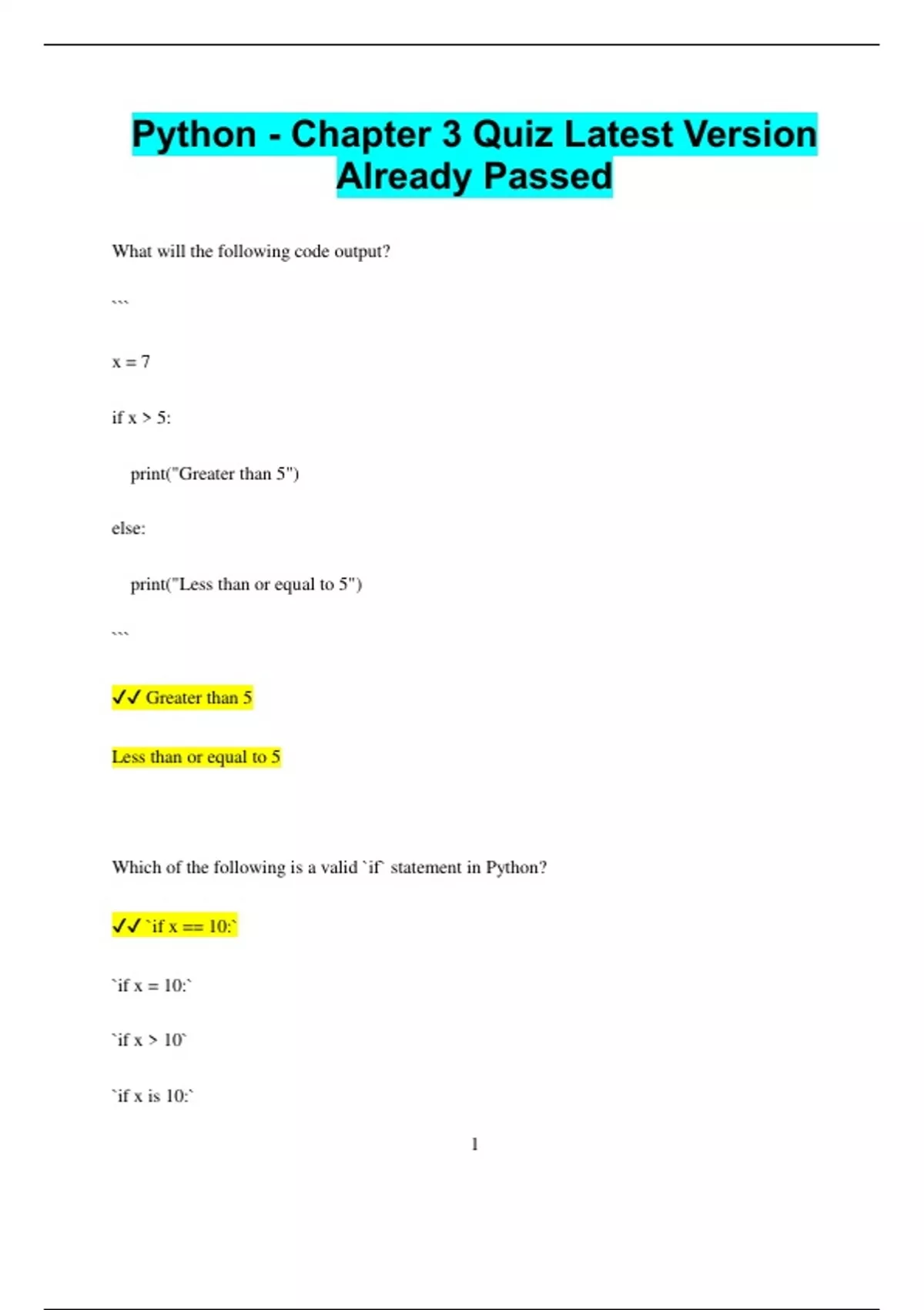 Python - Chapter 3 Quiz Latest Version Already Passed - Python ...