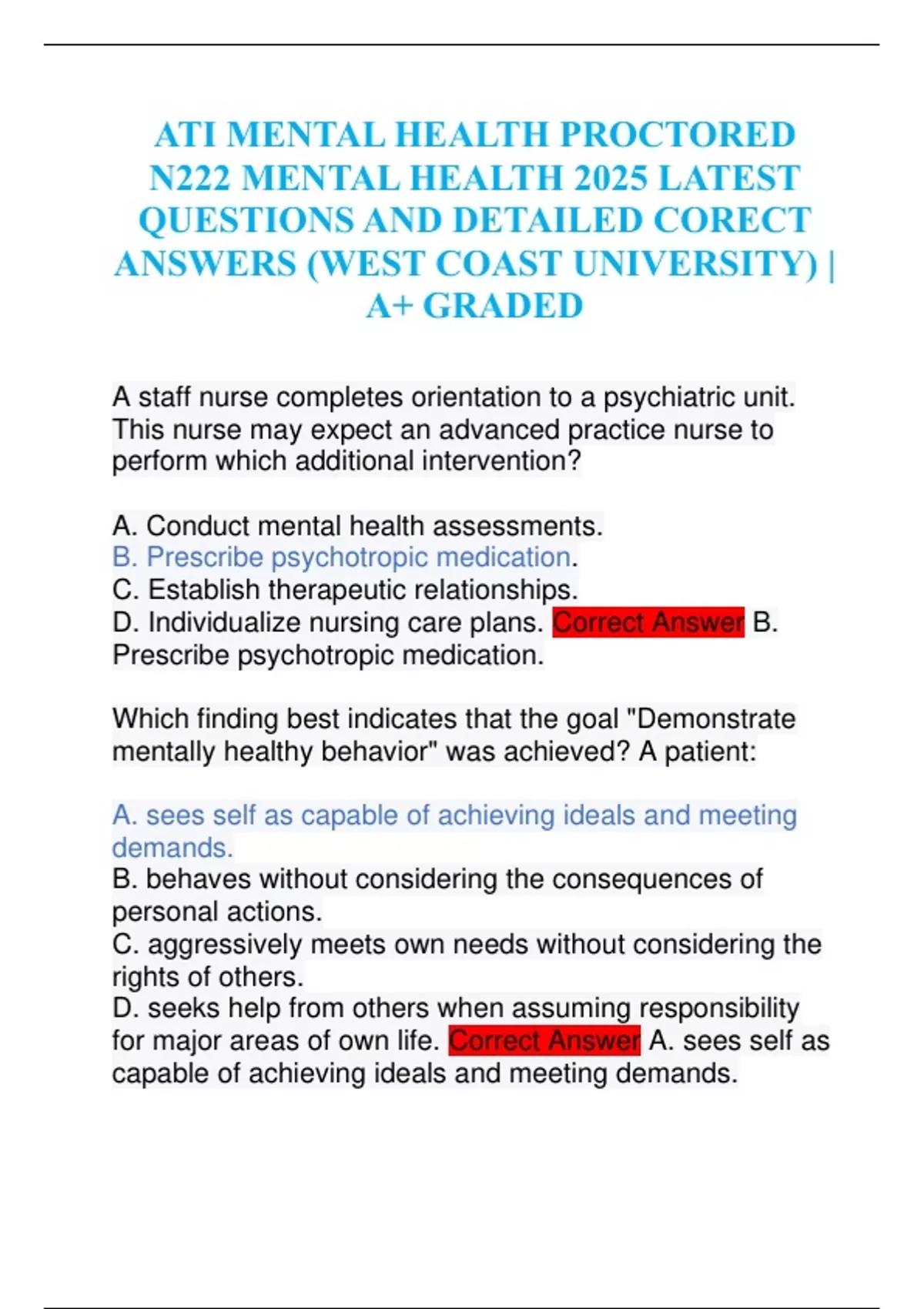 ATI MENTAL HEALTH PROCTORED N222 MENTAL HEALTH 2025 LATEST QUESTIONS ...