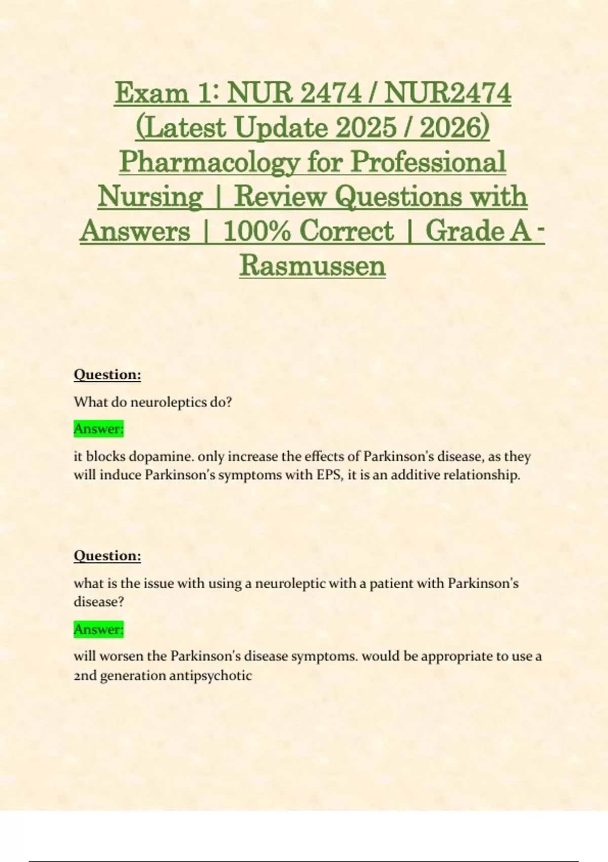 Exam 1: NUR 2474 / NUR2474 (Latest Update 2025 / 2026) Pharmacology for ...