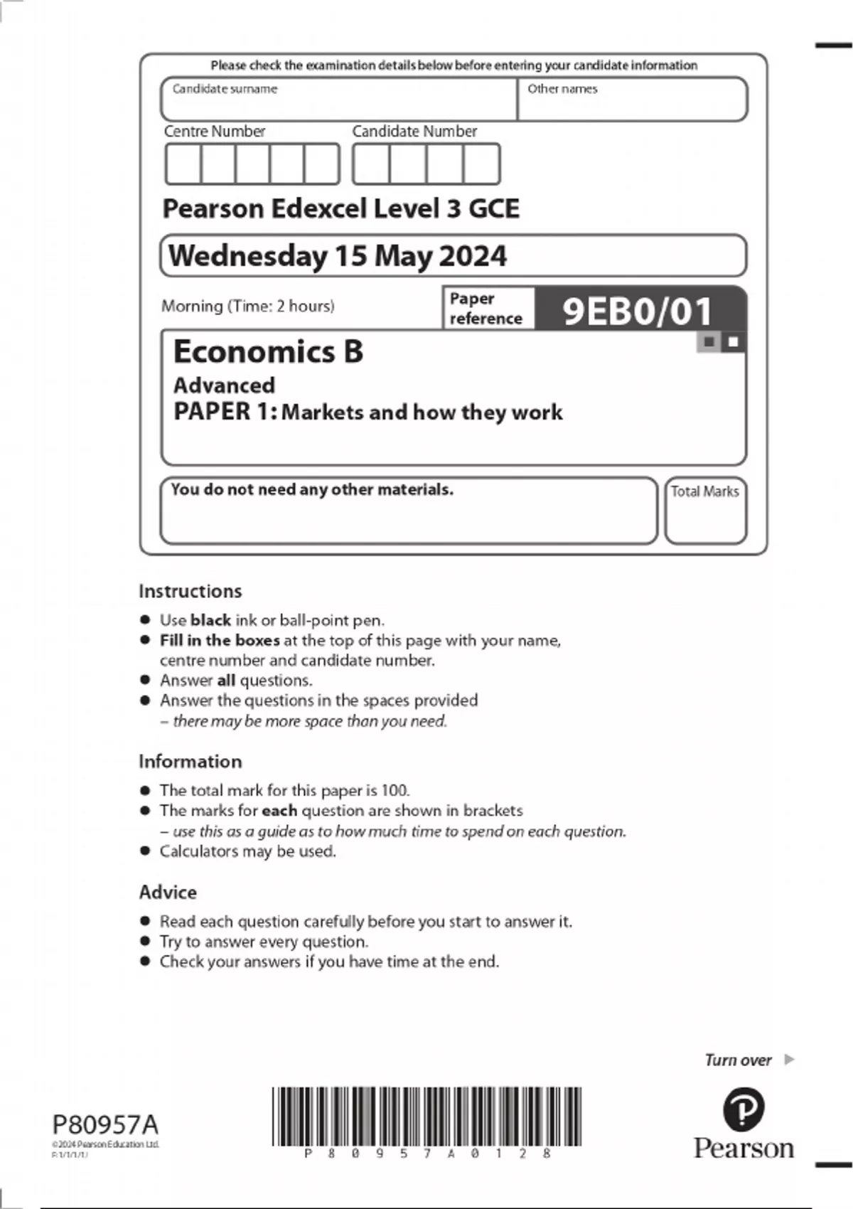 2024 Pearson Edexcel Level 3 GCE Wednesday 15 May 2024 Economics B ...