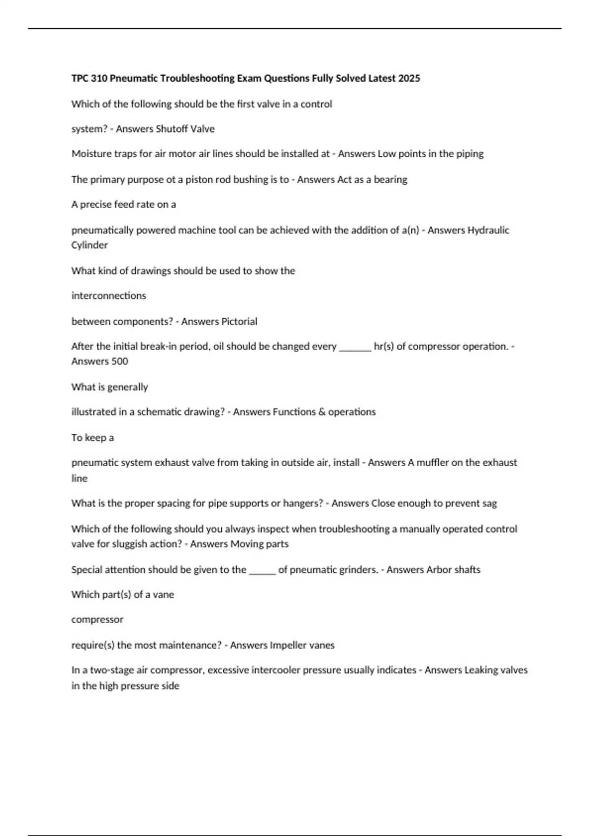 TPC 310 Pneumatic Troubleshooting Exam Questions Fully Solved Latest ...
